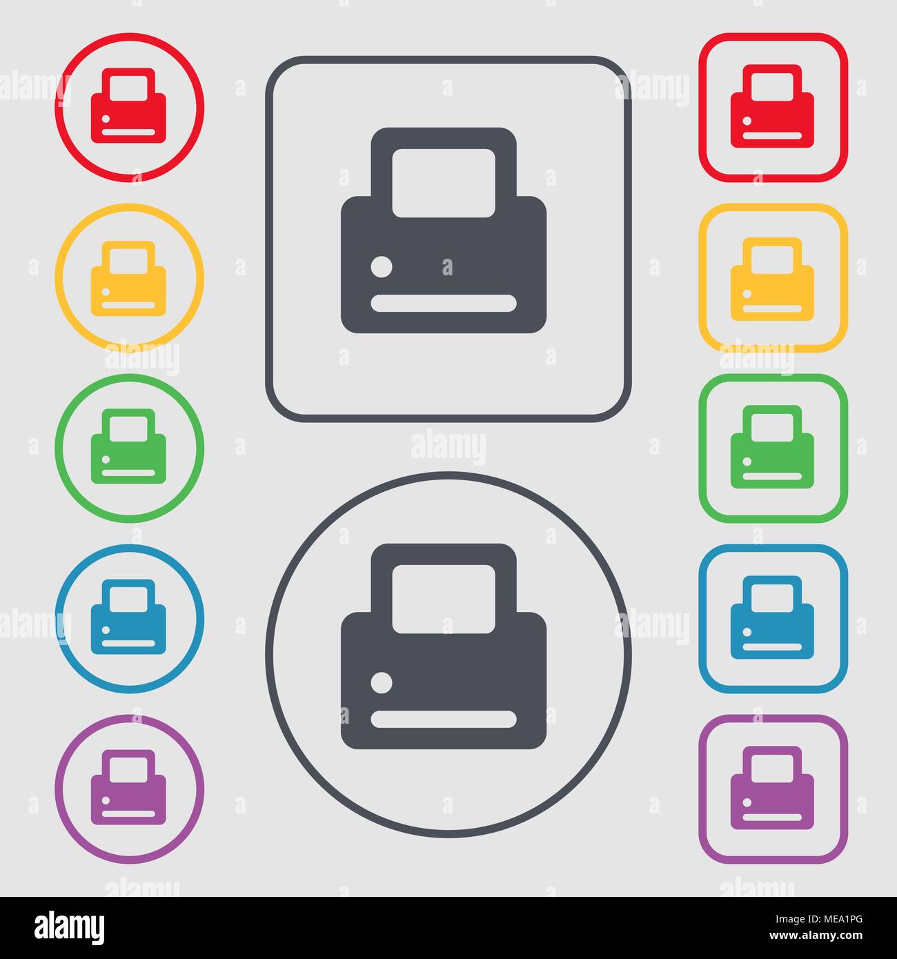Printing icon sign. symbol on the Round and square buttons with frame ...