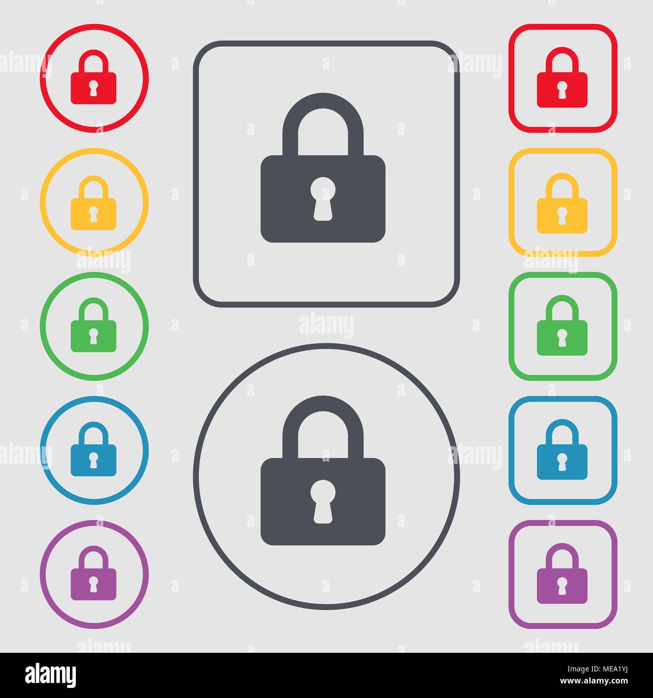 Pad Lock icon sign. symbol on the Round and square buttons with frame ...