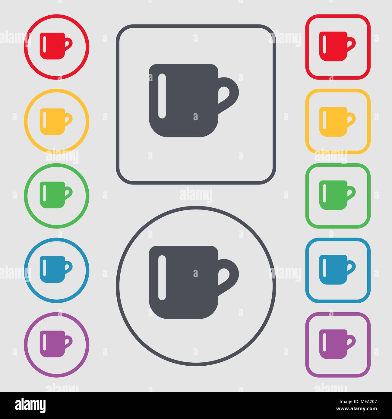 cup coffee or tea icon sign. symbol on the Round and square buttons ...