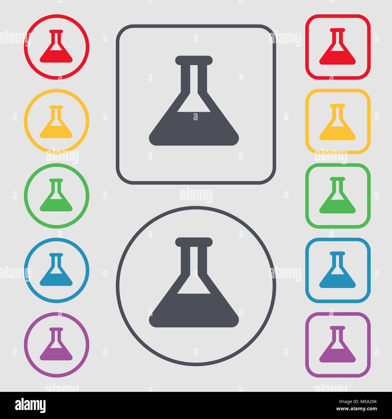 Conical Flask icon sign. symbol on the Round and square buttons with ...