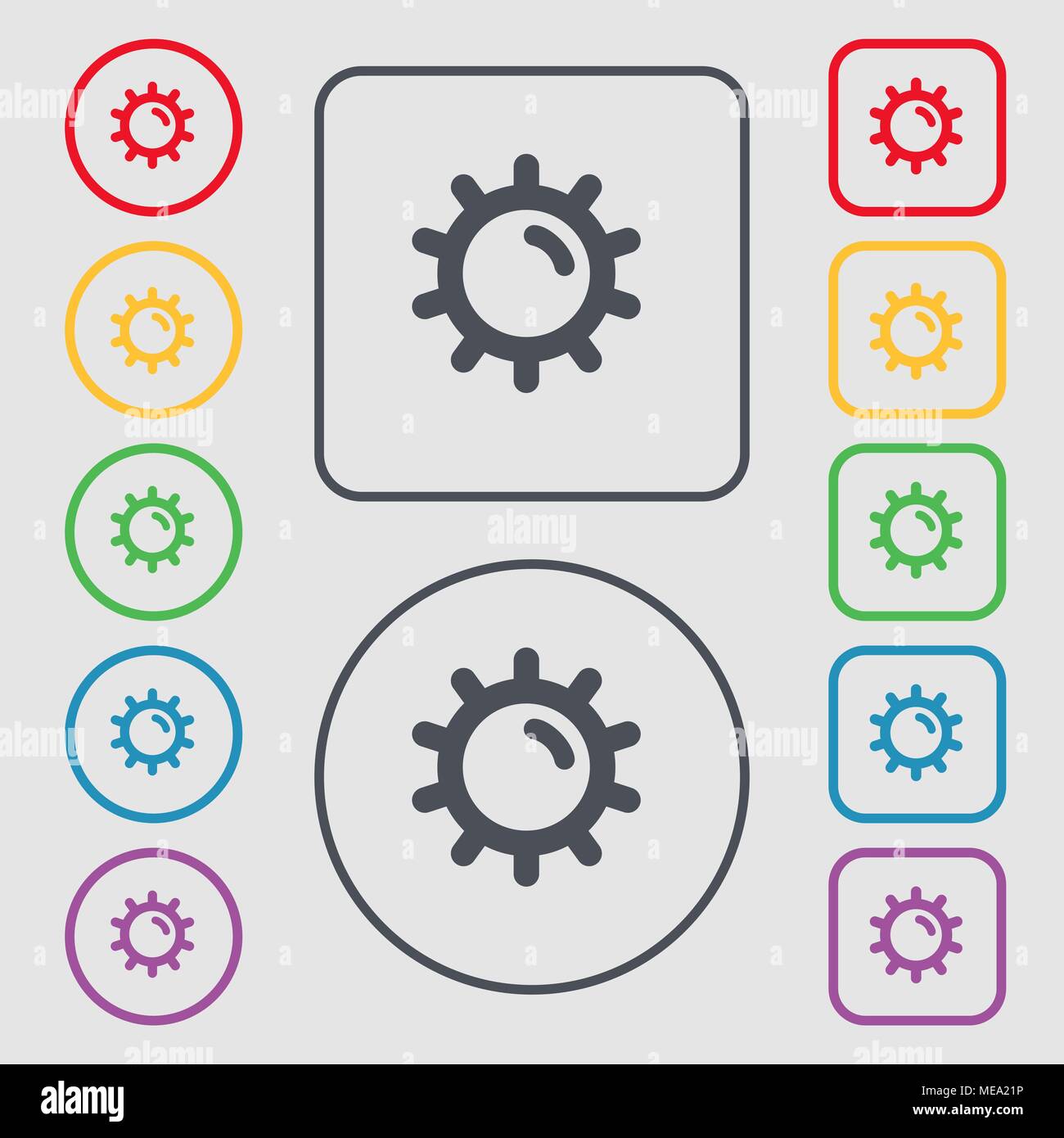 Sun icon sign. symbol on the Round and square buttons with frame ...