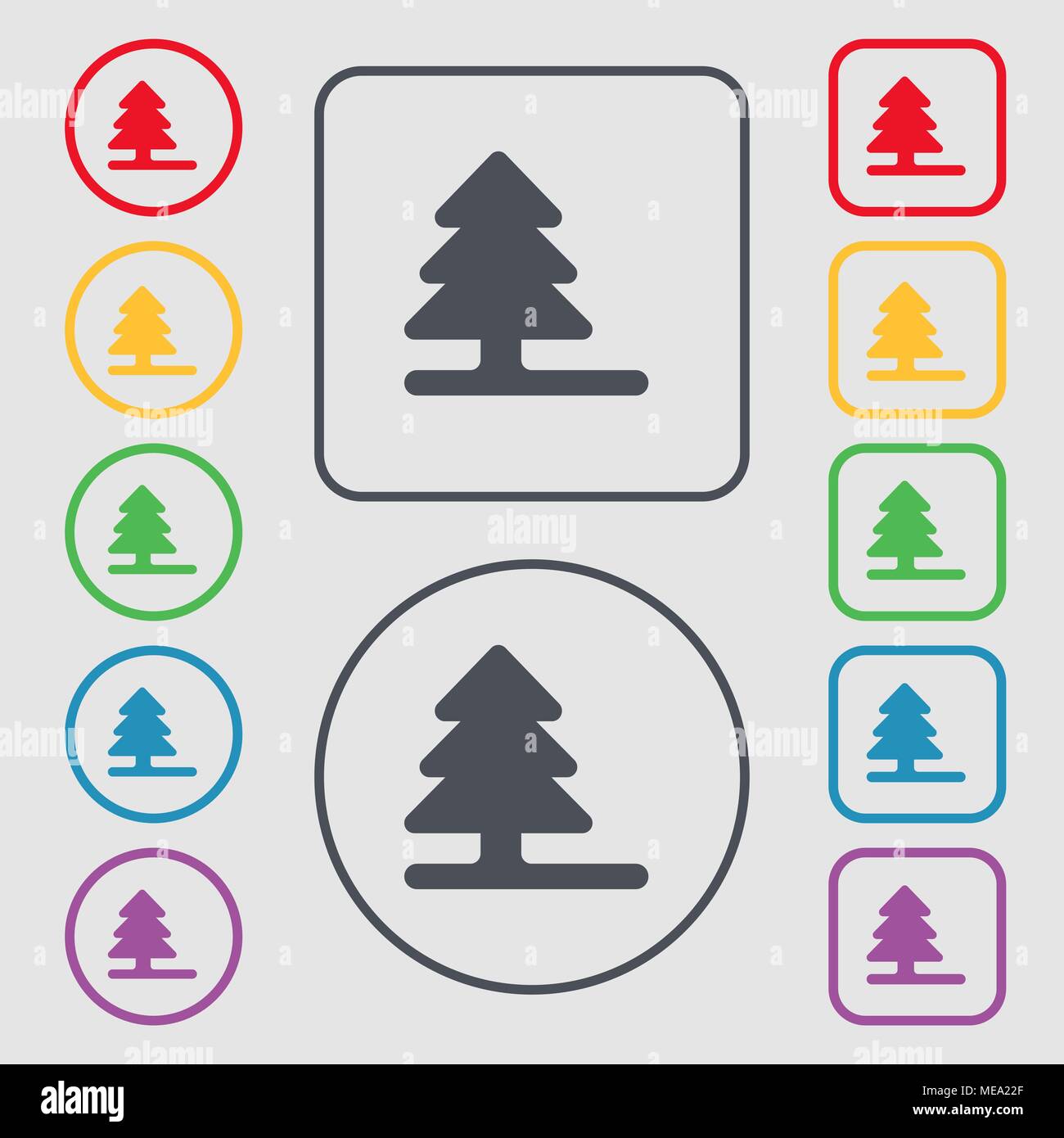 Christmas tree icon sign. symbol on the Round and square buttons with ...