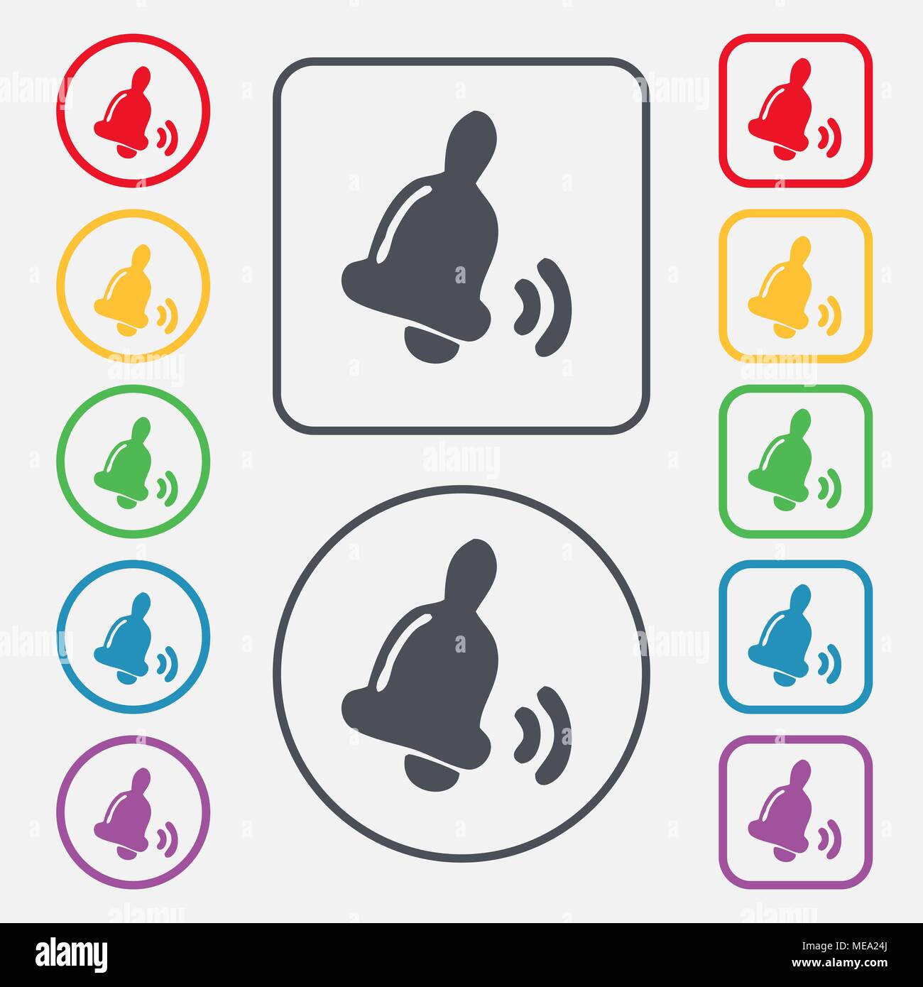 Bell icon sign. symbol on the Round and square buttons with frame ...