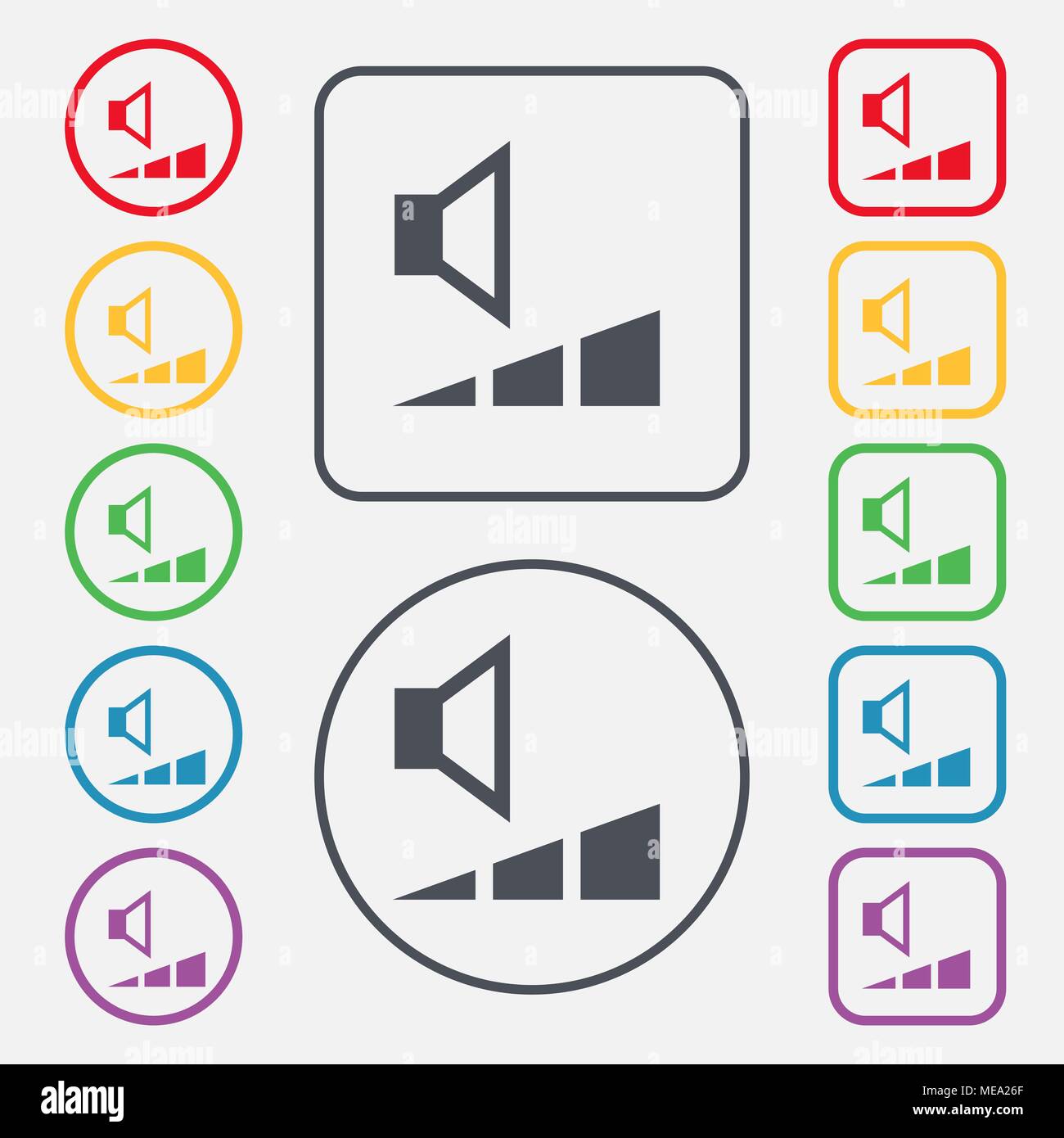 volume, sound icon sign. symbol on the Round and square buttons with ...