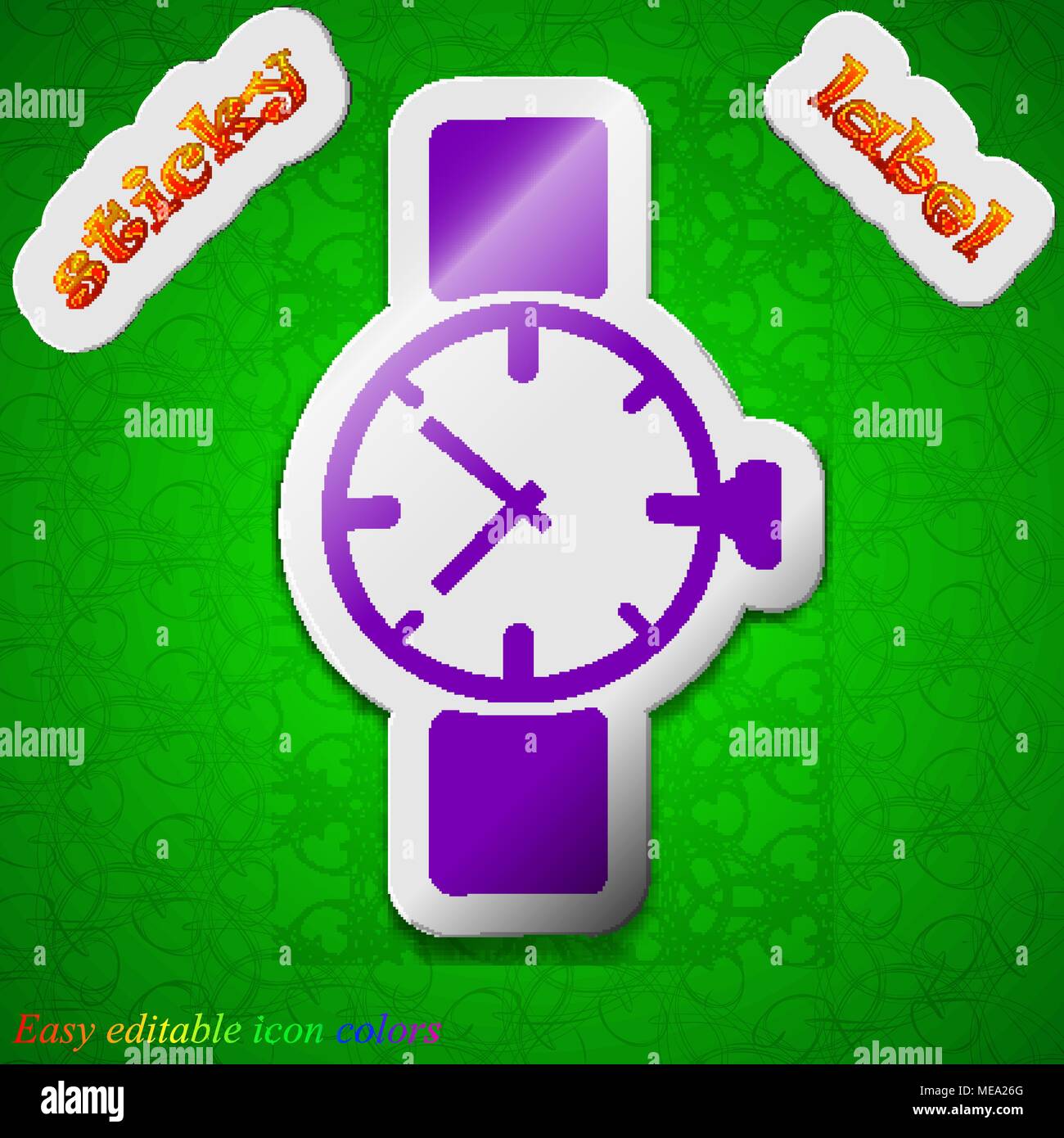 Wrist Watch icon sign. Symbol chic colored sticky label on green ...