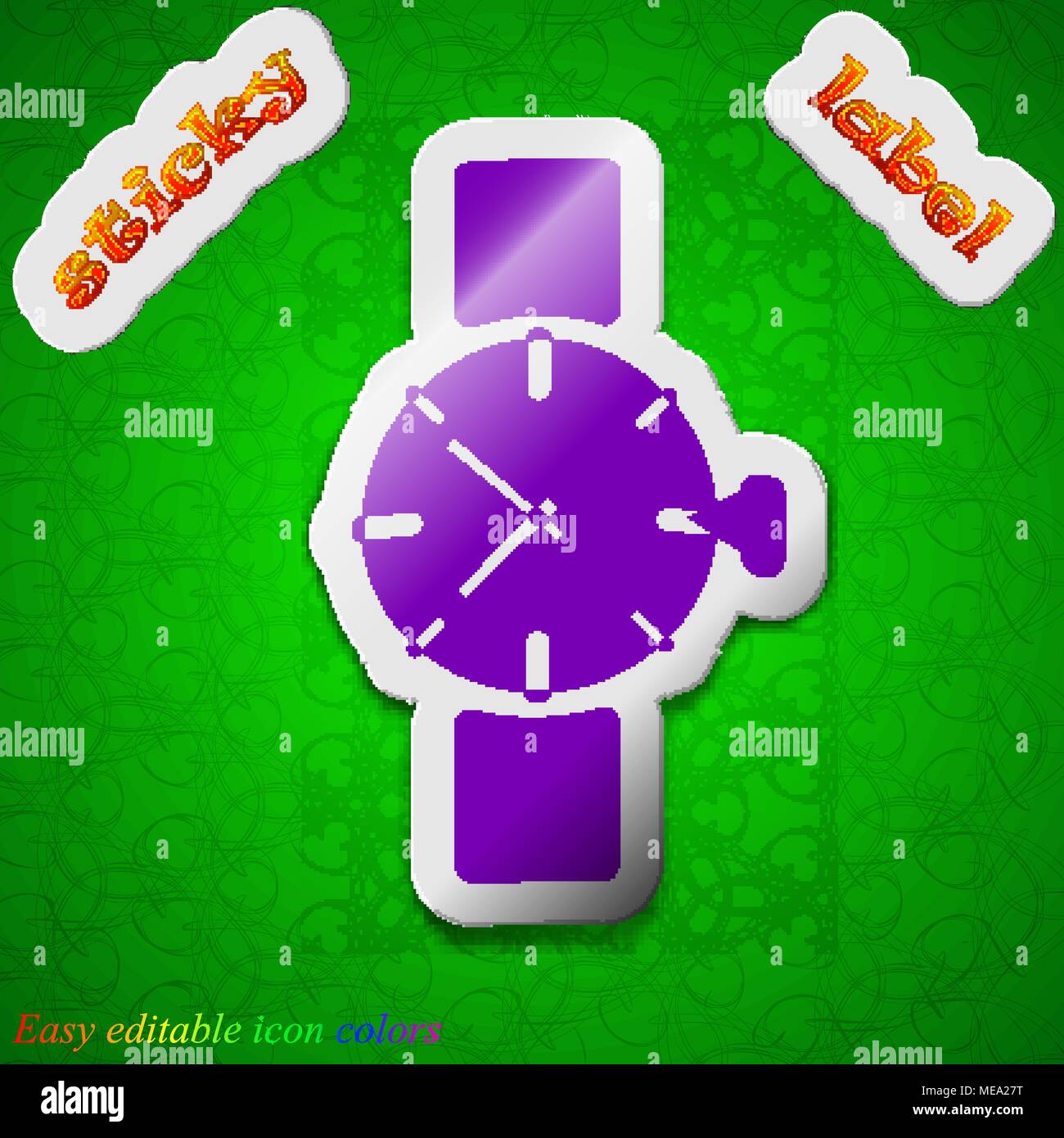 Wrist Watch icon sign. Symbol chic colored sticky label on green ...