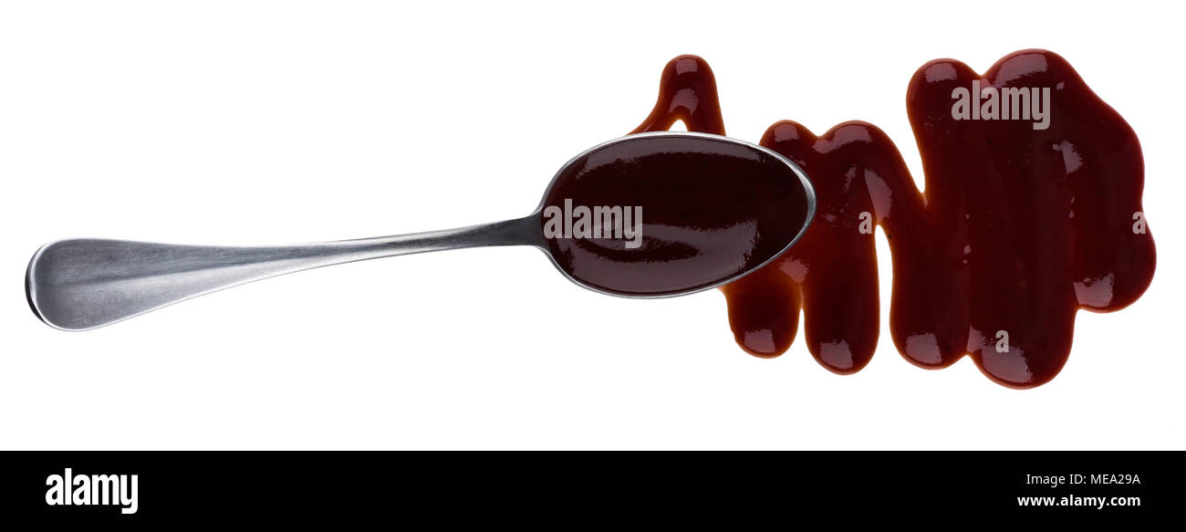 Barbecue sauce. Splashes and spilled grill sauce with spoon isolated on ...