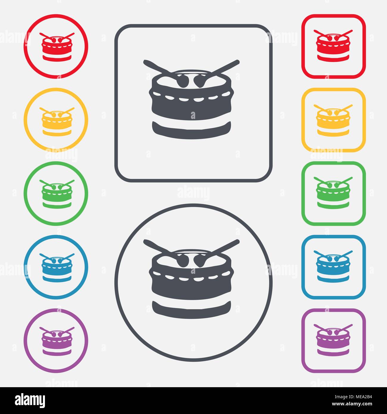 drum icon sign. symbol on the Round and square buttons with frame ...