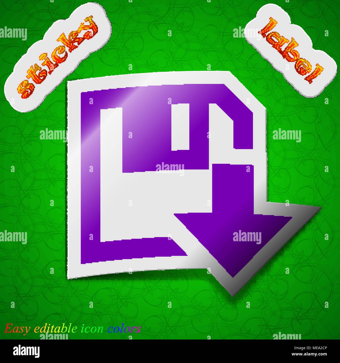 floppy icon sign. Symbol chic colored sticky label on green background ...