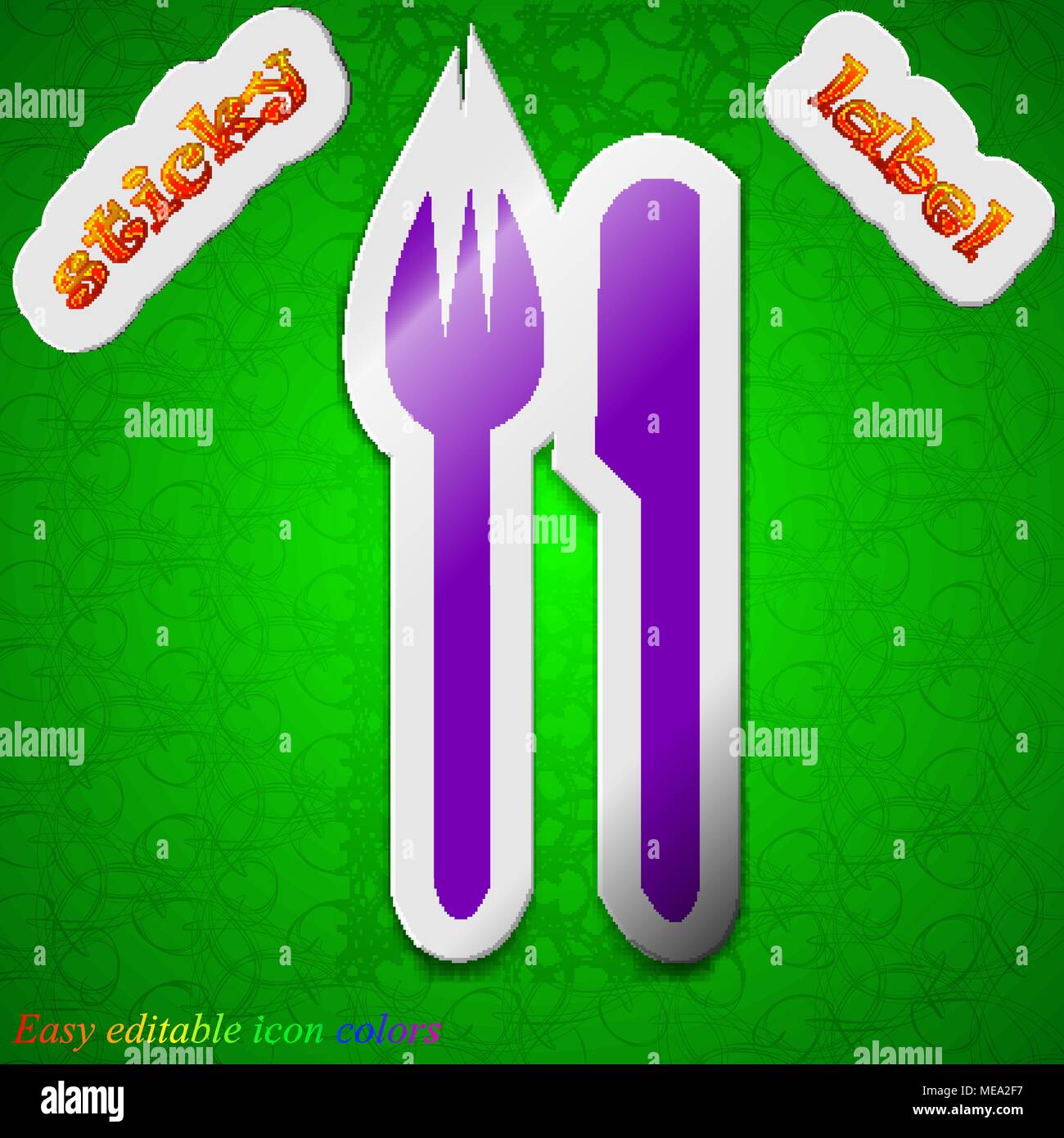 Cutlery icon sign. Symbol chic colored sticky label on green background ...