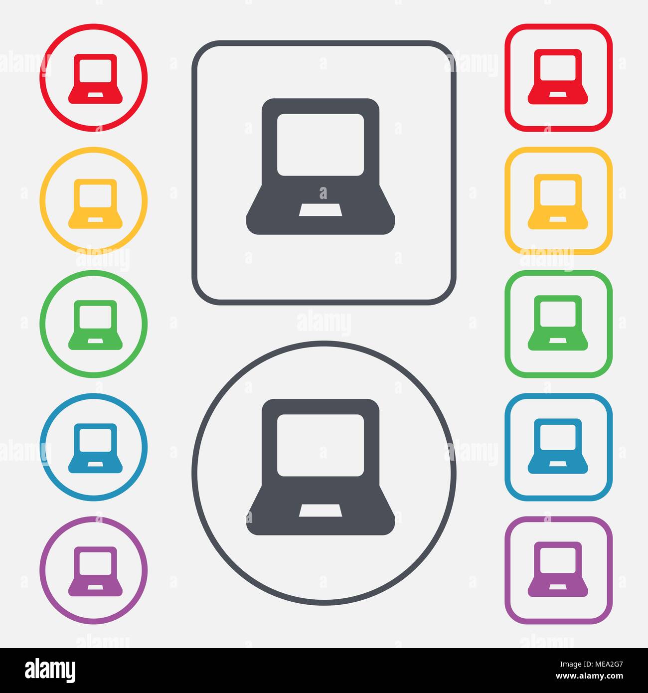 Laptop icon sign. symbol on the Round and square buttons with frame ...