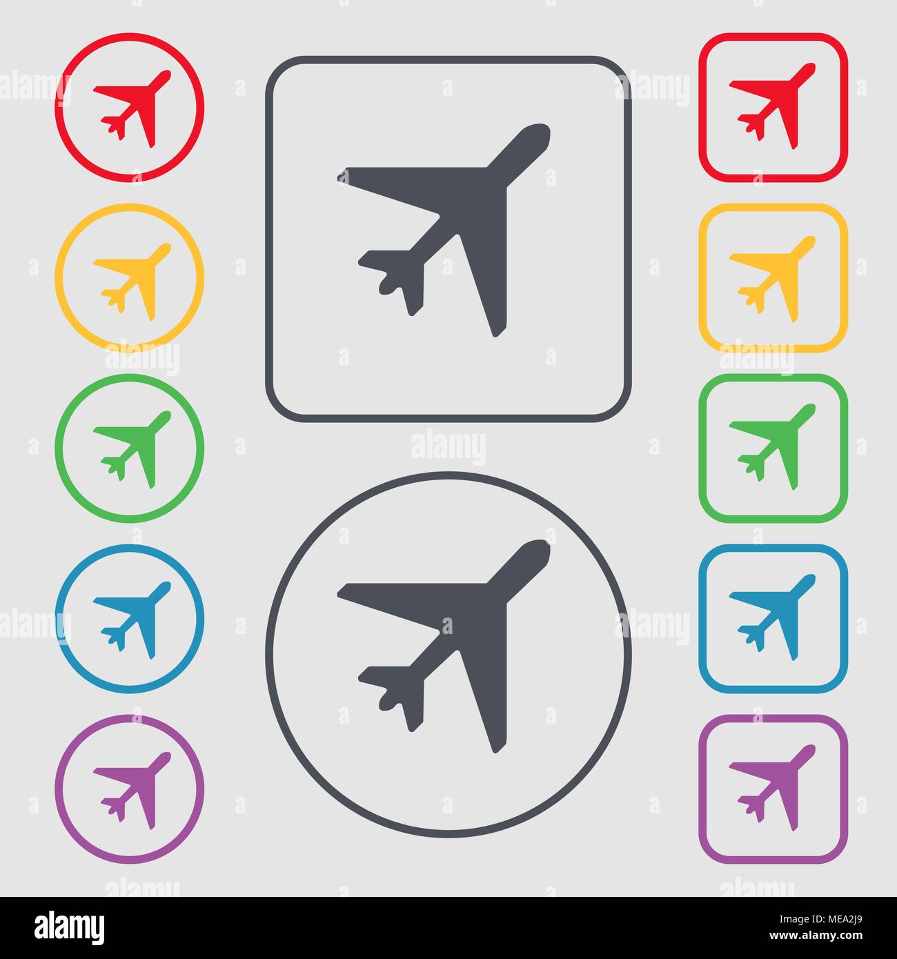 airplane icon sign. symbol on the Round and square buttons with frame ...