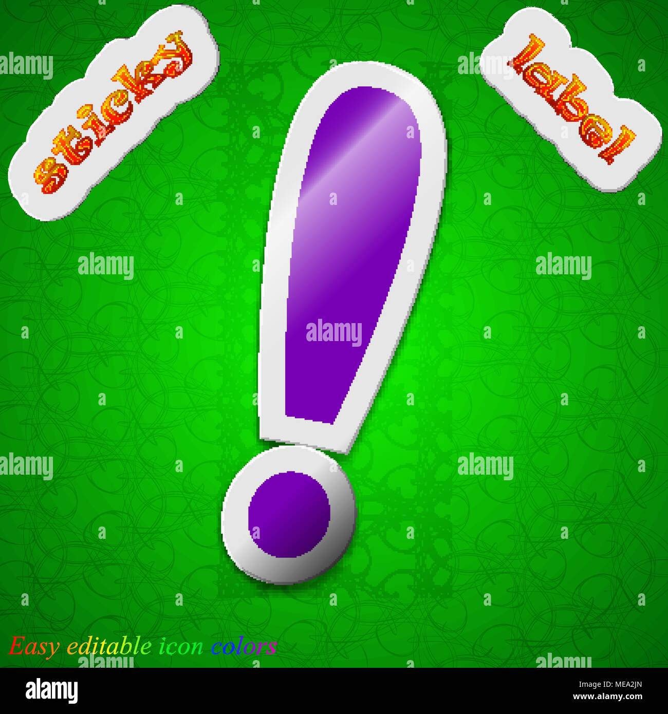 Exclamation mark icon sign. Symbol chic colored sticky label on green ...
