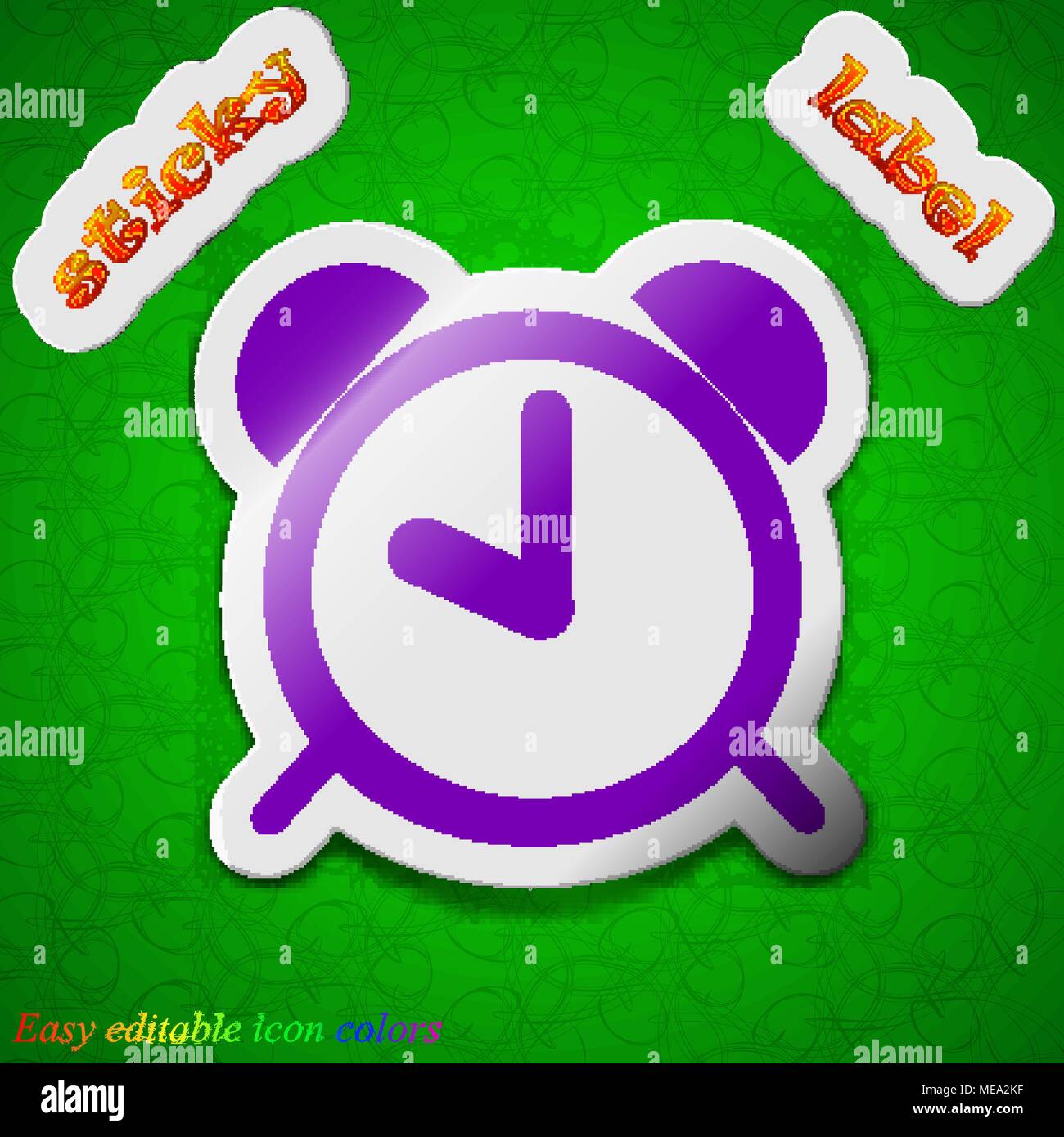 Alarm clock icon sign. Symbol chic colored sticky label on green ...