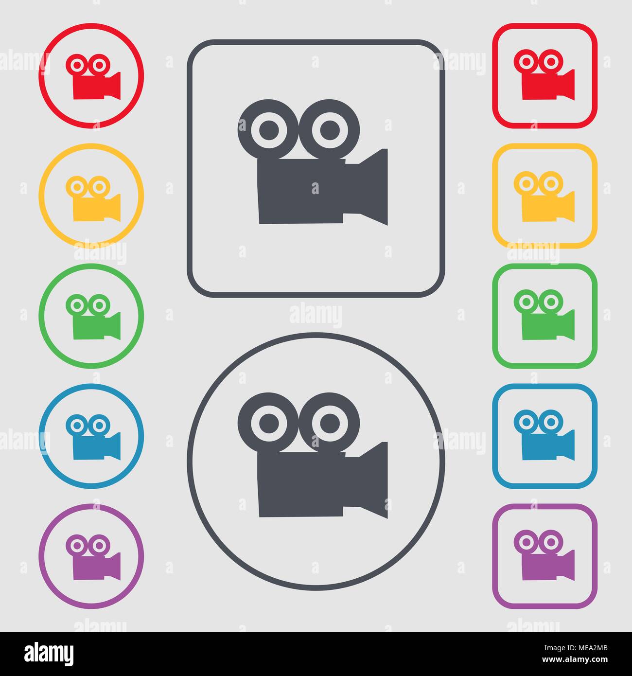 video camera icon sign. symbol on the Round and square buttons with ...