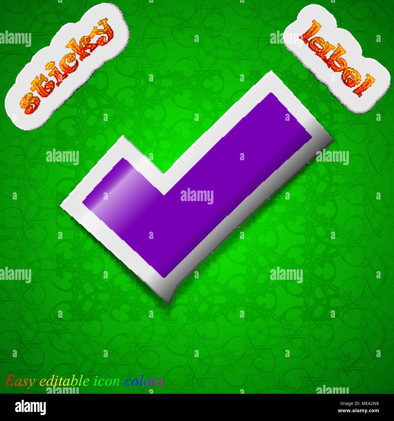 Check mark icon sign. Symbol chic colored sticky label on green ...
