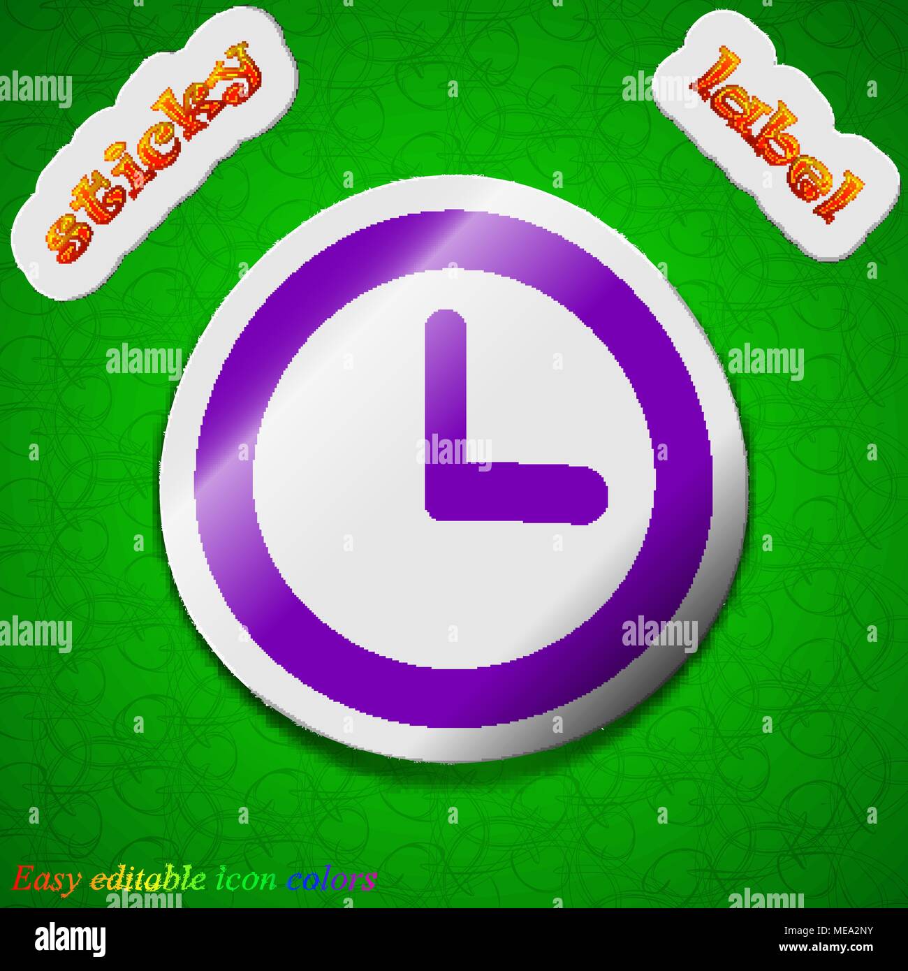 Alarm clock icon sign. Symbol chic colored sticky label on green ...