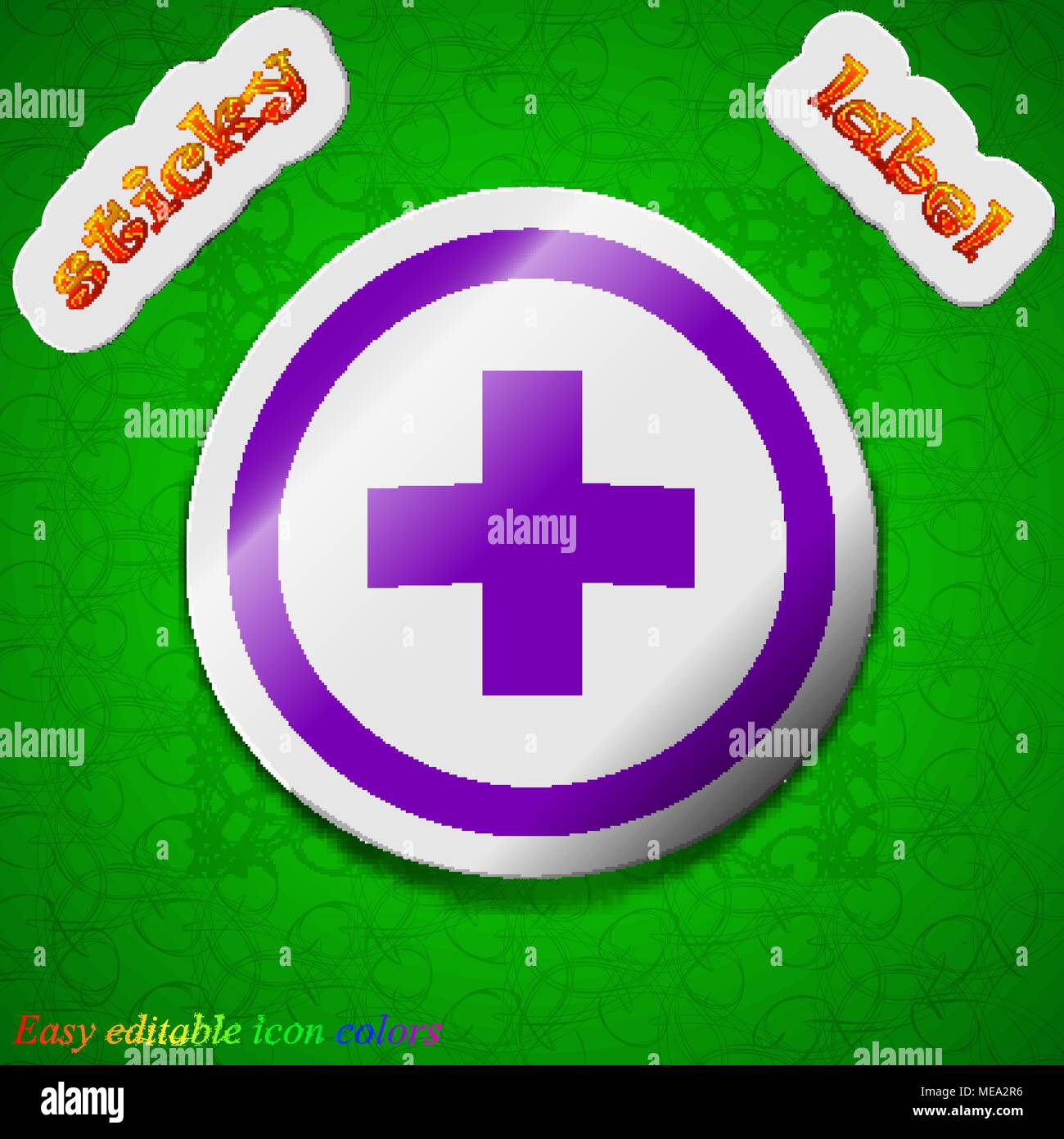Plus icon sign. Symbol chic colored sticky label on green background ...