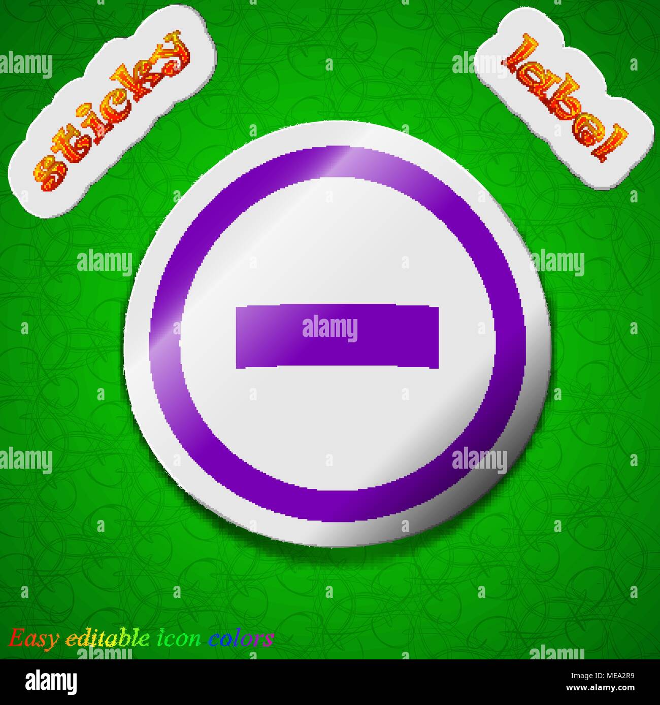 Minus icon sign. Symbol chic colored sticky label on green background ...