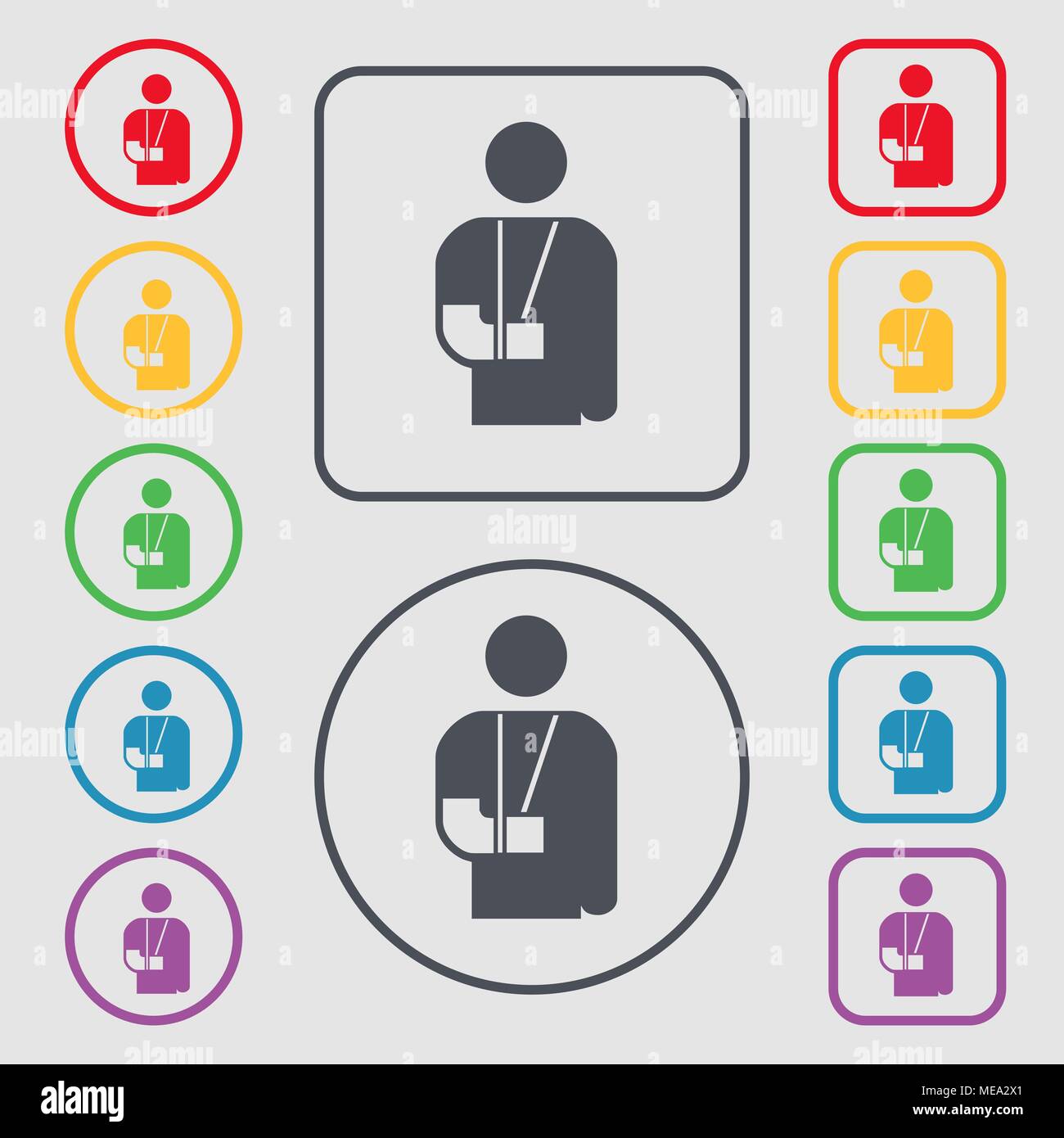 broken arm, disability icon sign. symbol on the Round and square ...