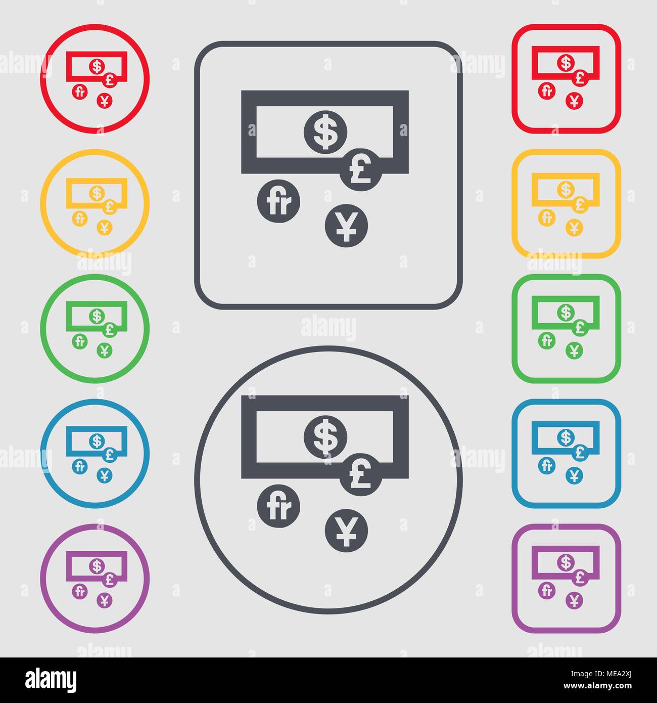 currencies of the world icon sign. symbol on the Round and square ...