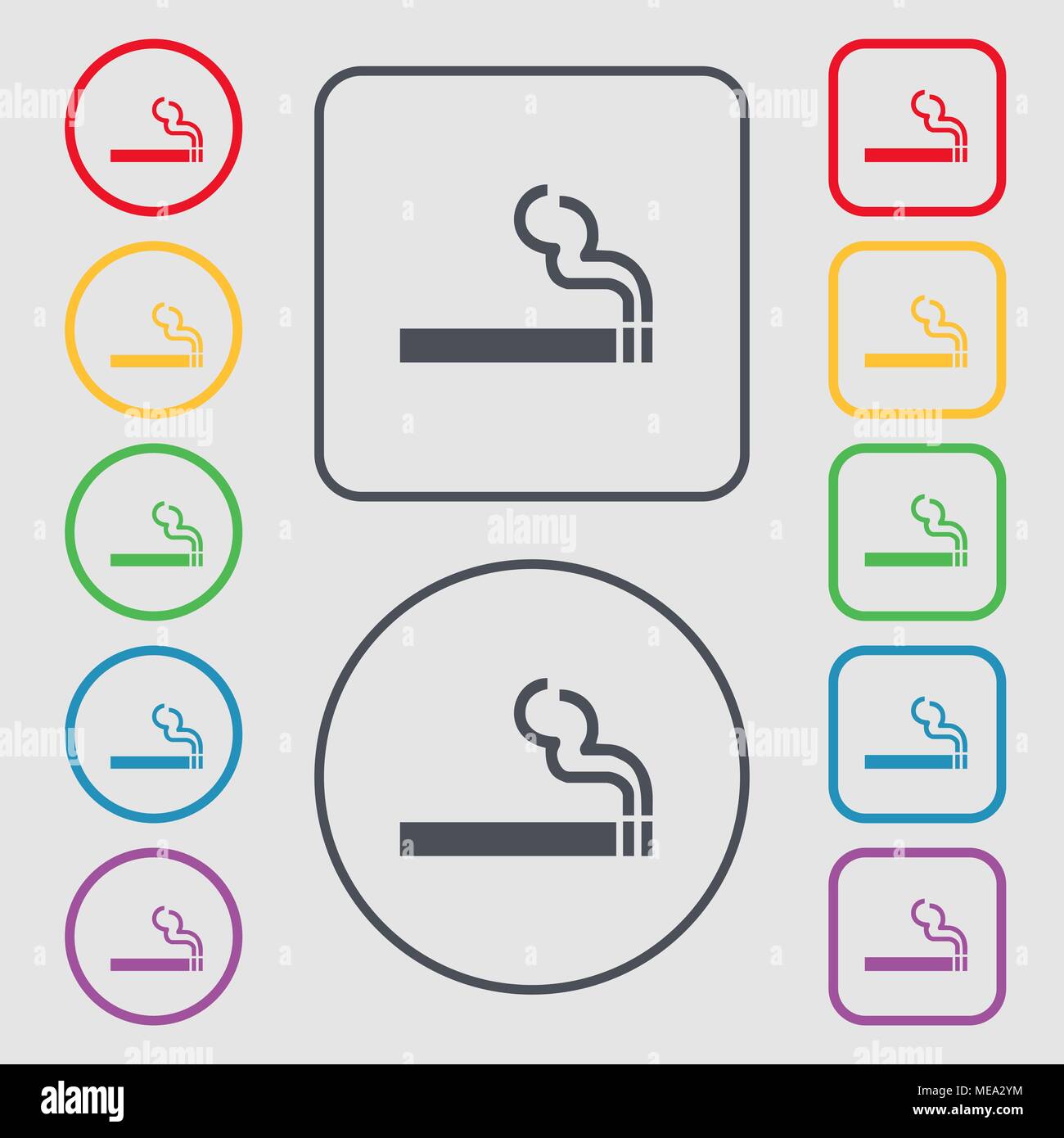 cigarette smoke icon sign. symbol on the Round and square buttons with ...