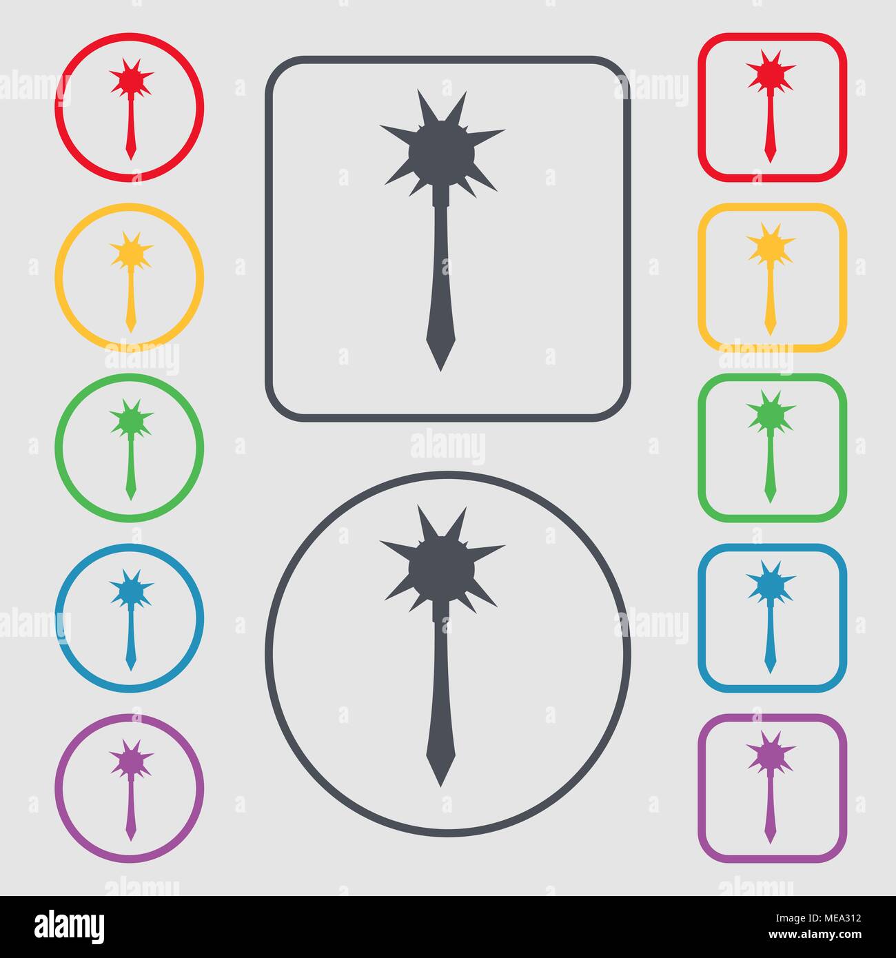 Mace icon sign. symbol on the Round and square buttons with frame ...