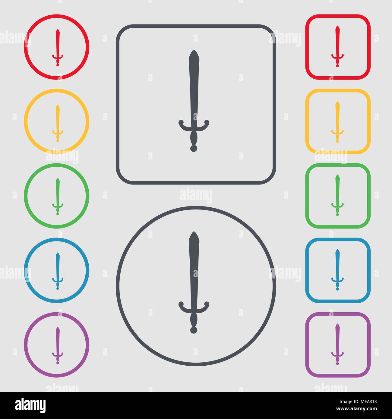 the sword icon sign. symbol on the Round and square buttons with frame ...