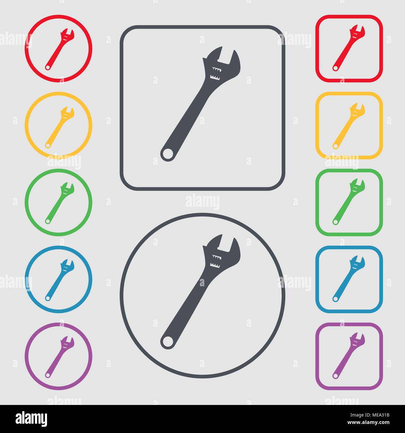 wrench icon sign. symbol on the Round and square buttons with frame ...