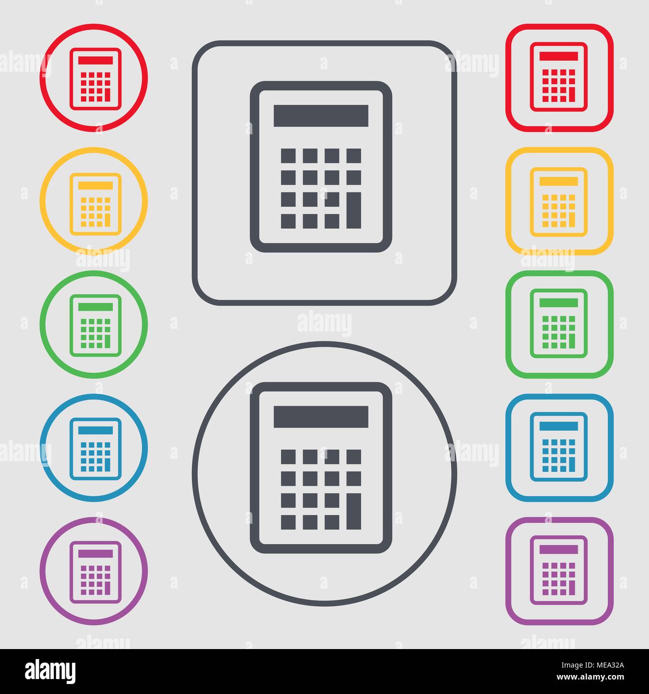 Calculator icon sign. symbol on the Round and square buttons with frame ...