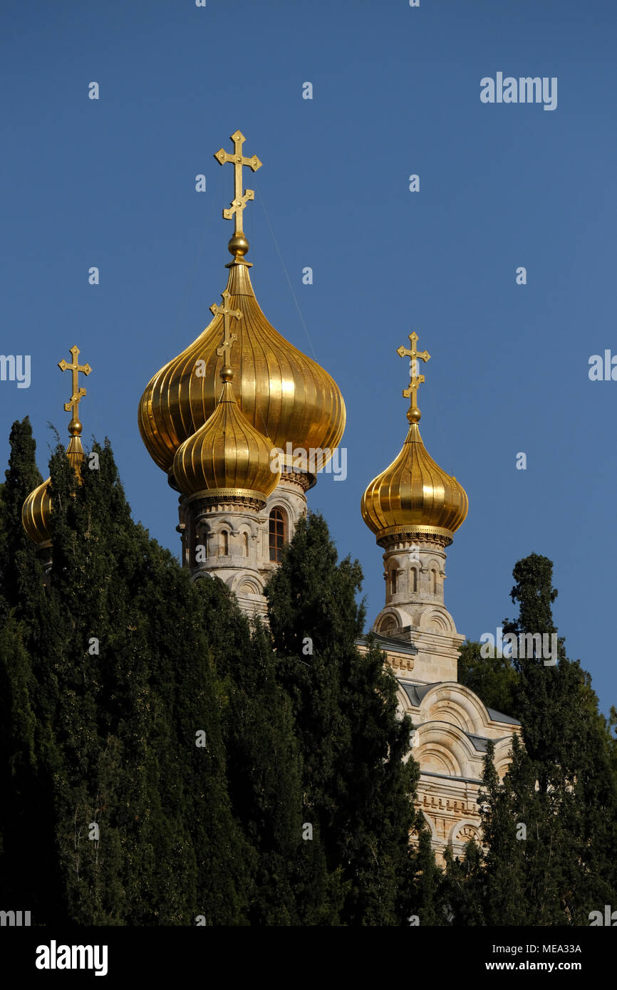 The gilded onion domes of the Russian Orthodox Convent and Church of Saint Mary Magdalene or ...