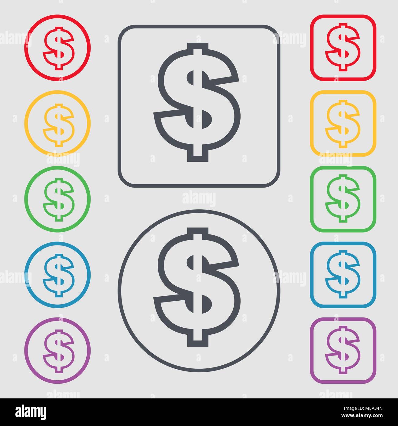 Dollar icon sign. symbol on the Round and square buttons with frame ...