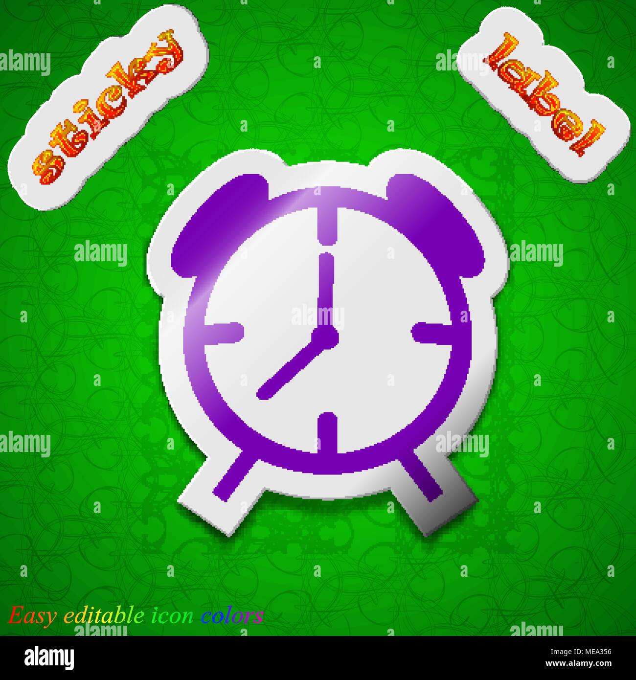 Alarm clock icon sign. Symbol chic colored sticky label on green ...