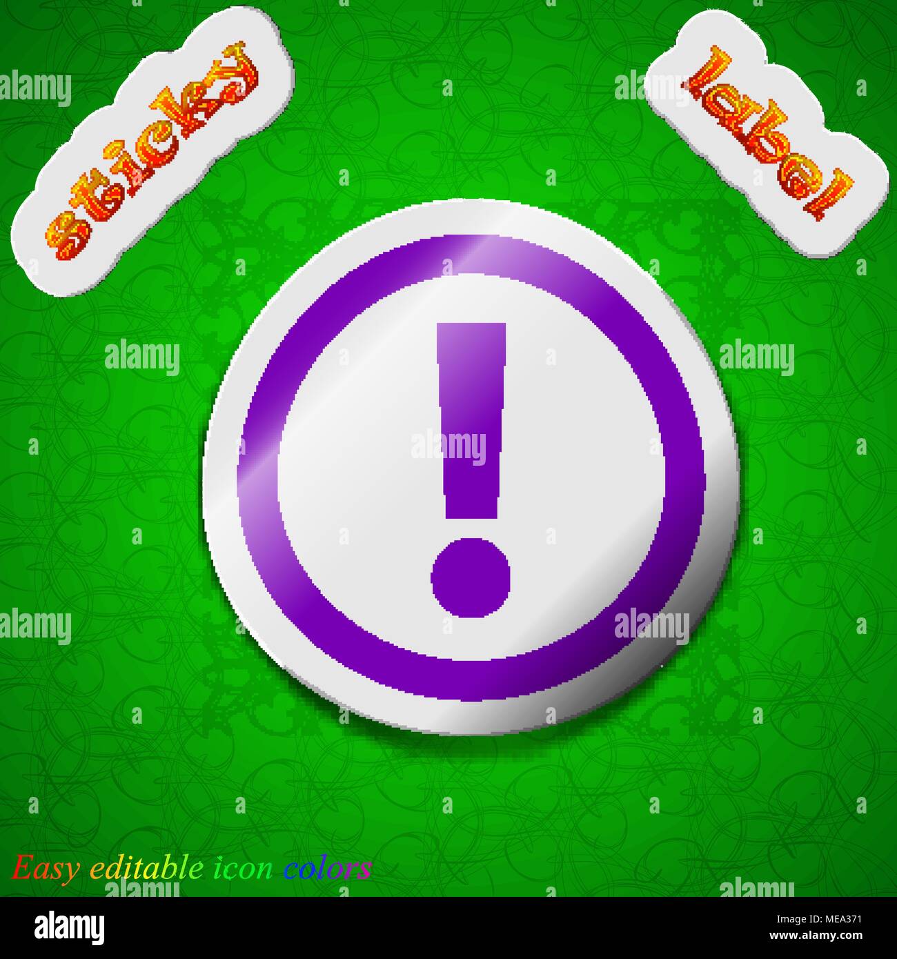 Exclamation mark icon sign. Symbol chic colored sticky label on green ...