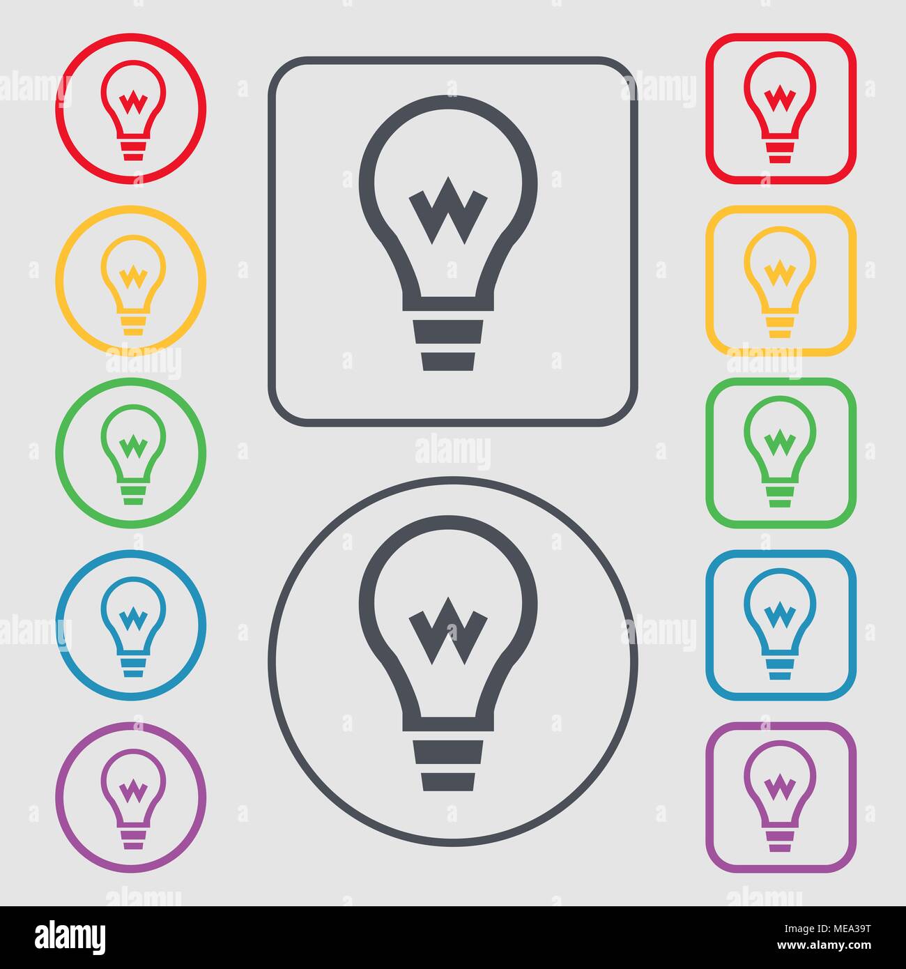 Light bulb icon sign. symbol on the Round and square buttons with frame ...