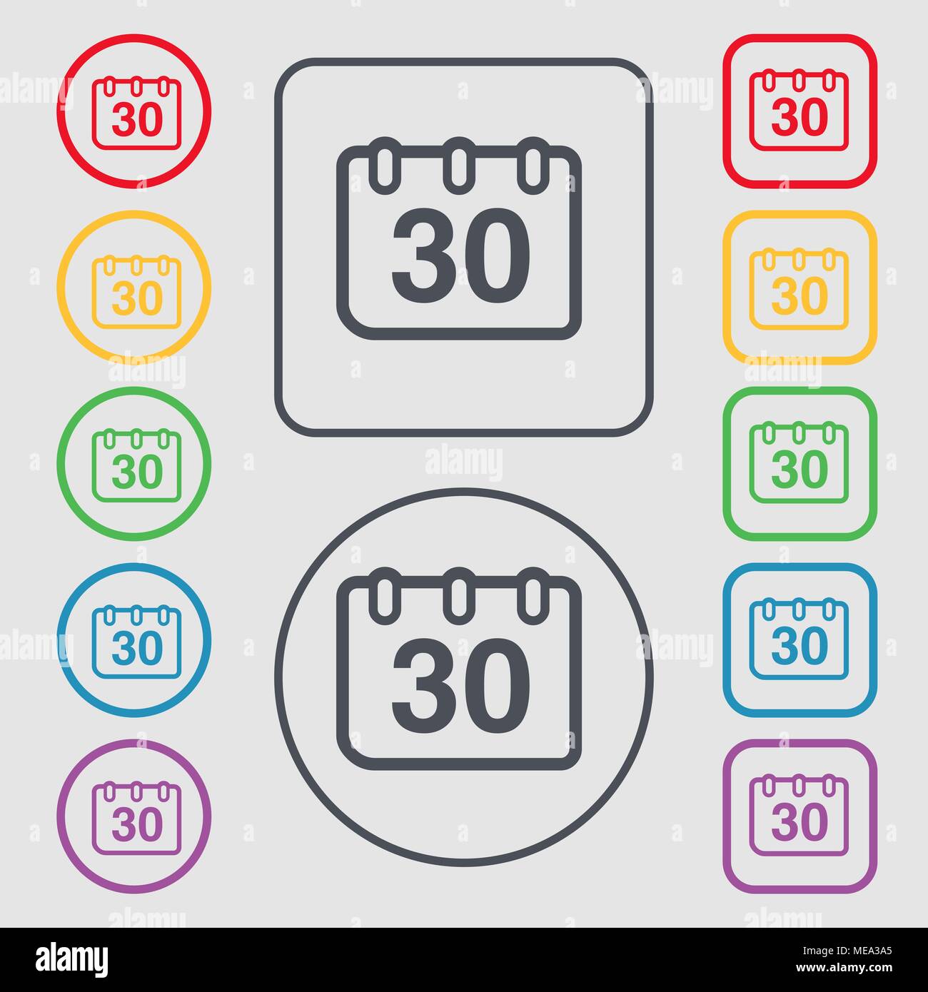 calendar icon sign. symbol on the Round and square buttons with frame ...