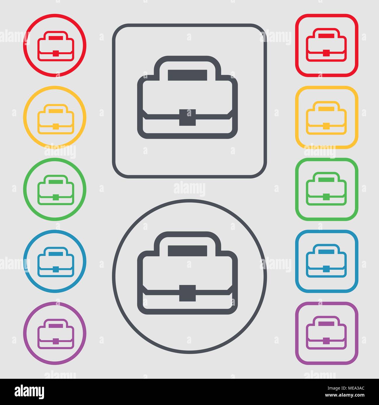 Briefcase icon sign. symbol on the Round and square buttons with frame ...
