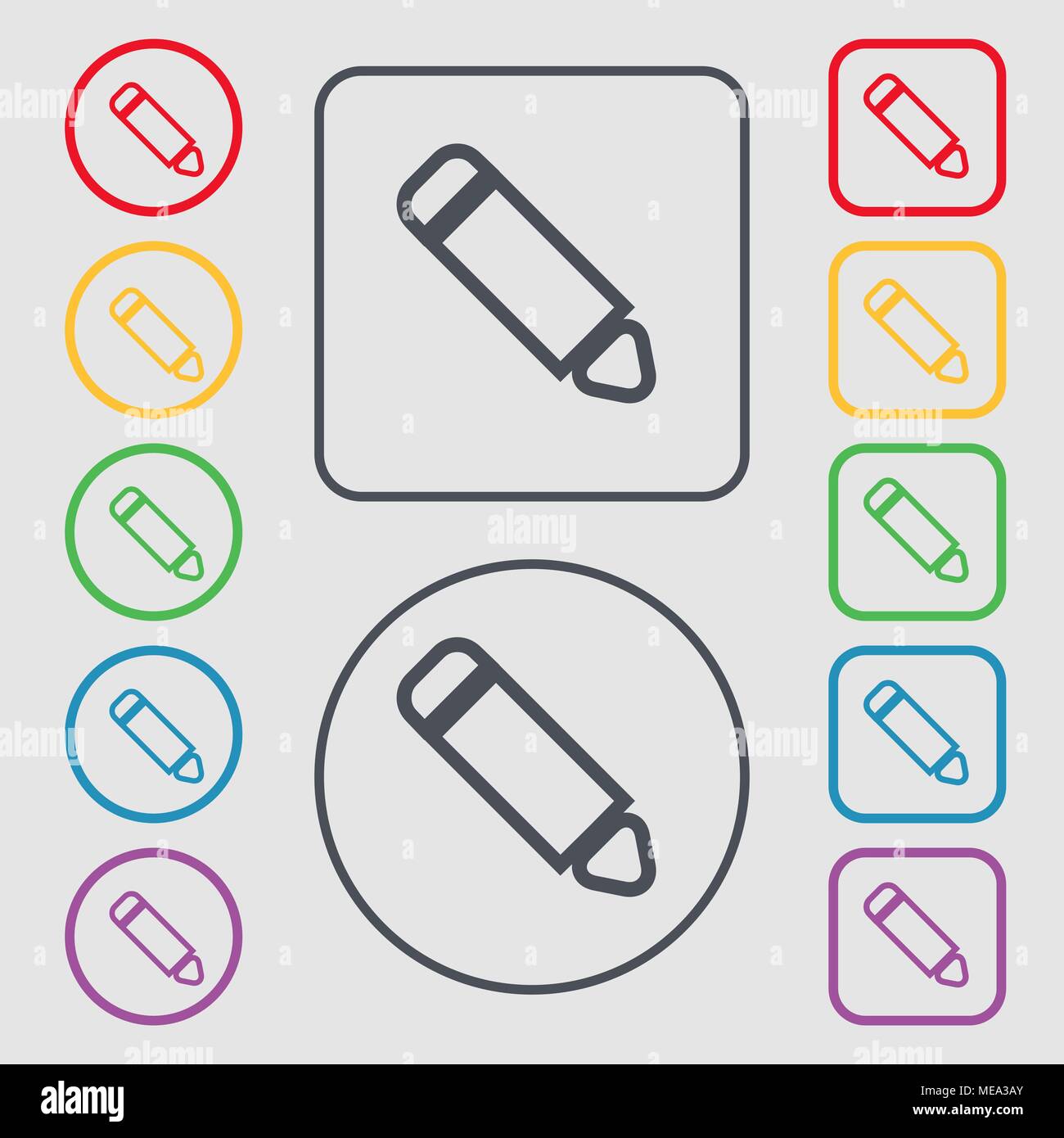 Pen icon sign. symbol on the Round and square buttons with frame ...