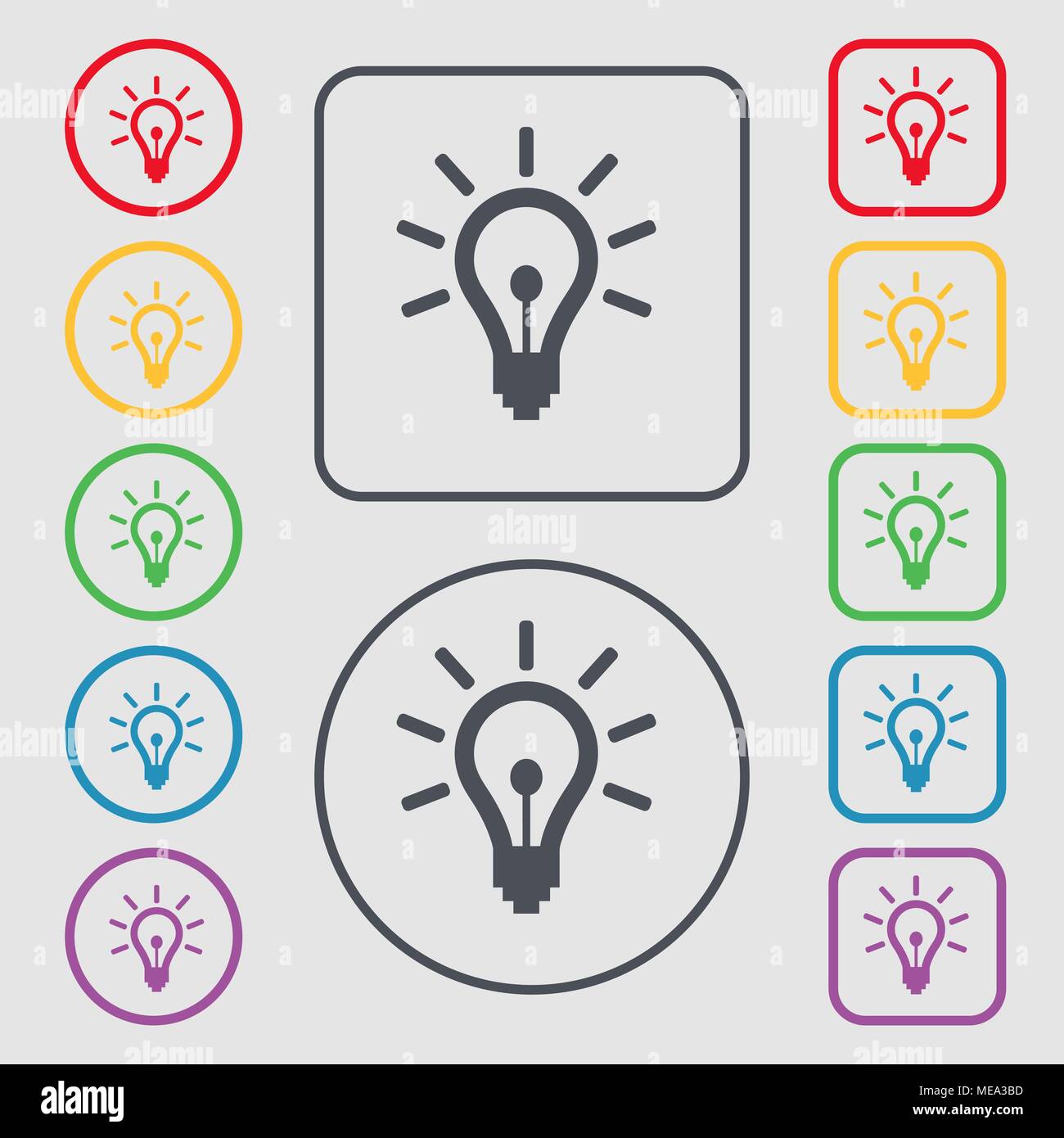 Light bulb icon sign. symbol on the Round and square buttons with frame ...