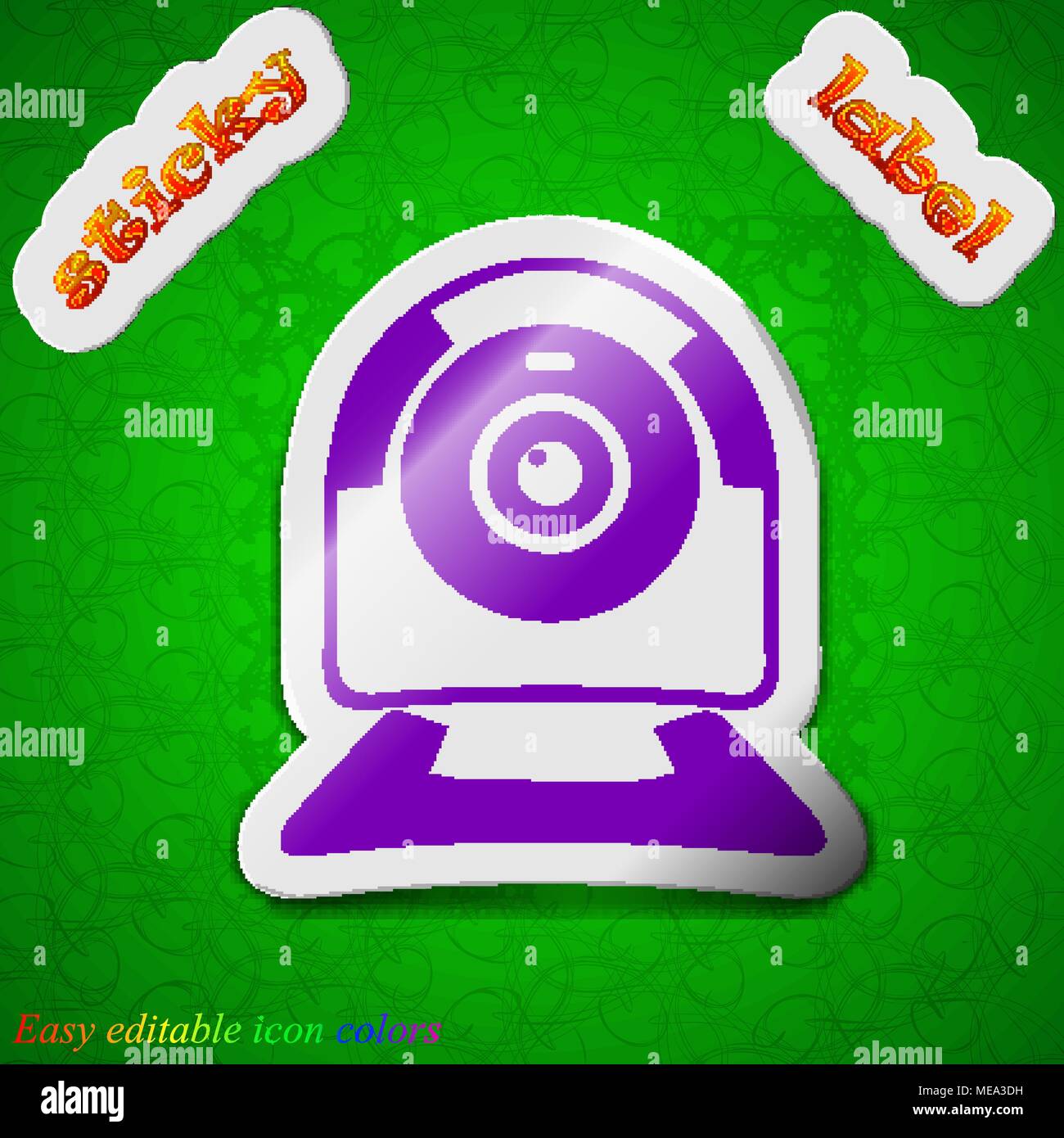 Webcam icon sign. Symbol chic colored sticky label on green background ...