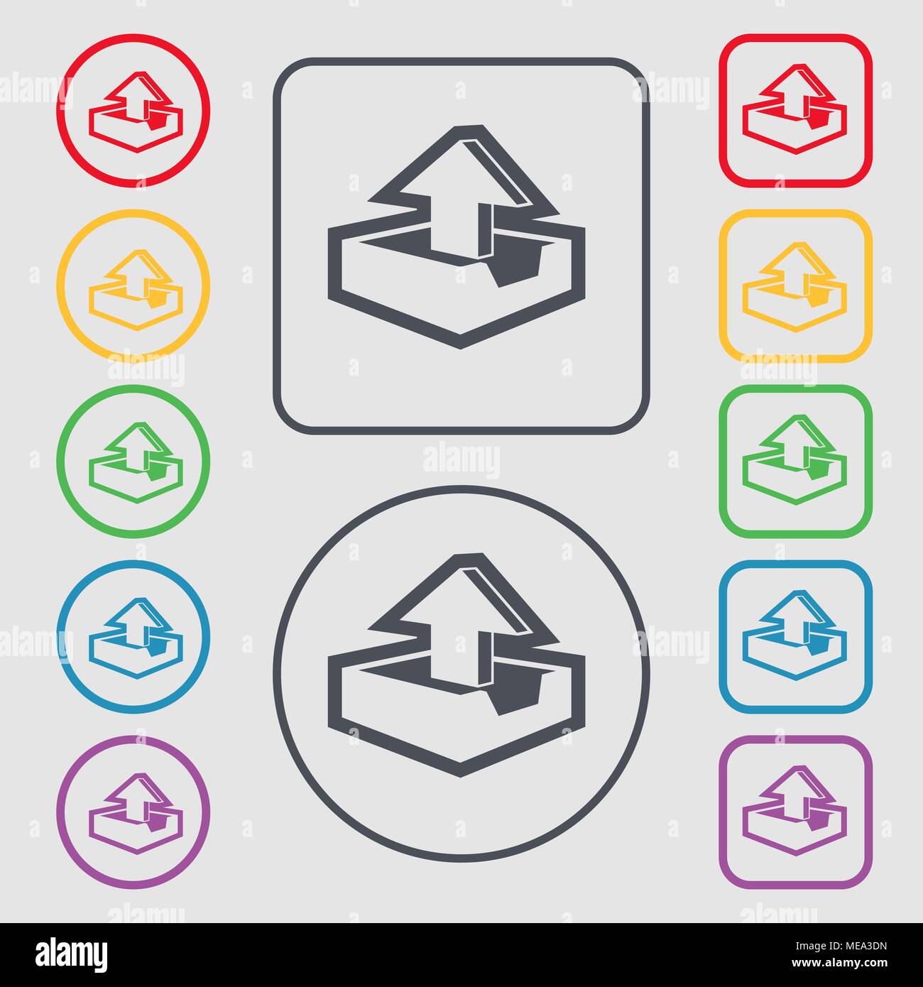 Upload icon sign. symbol on the Round and square buttons with frame ...