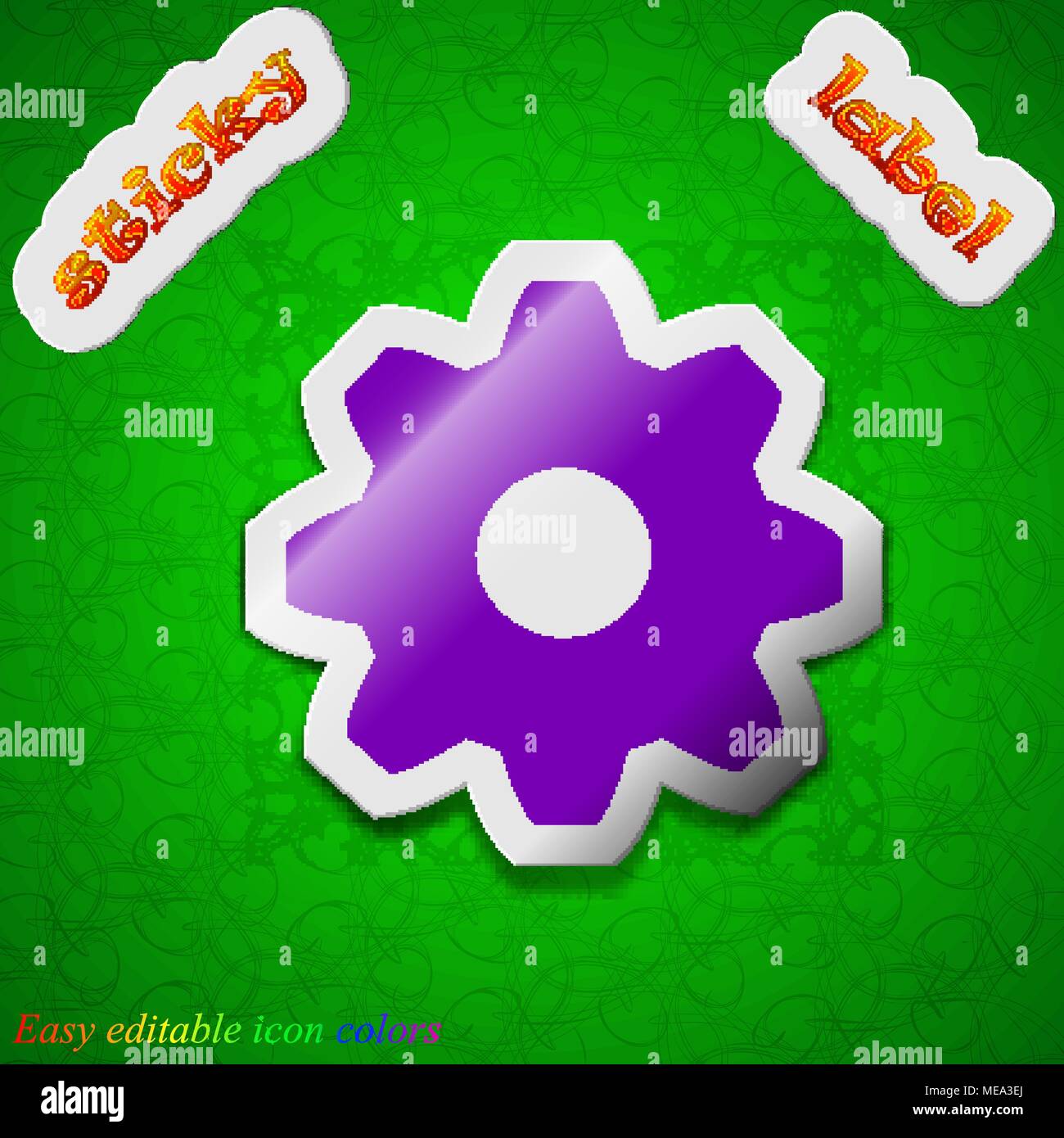 Cog settings icon sign. Symbol chic colored sticky label on green ...