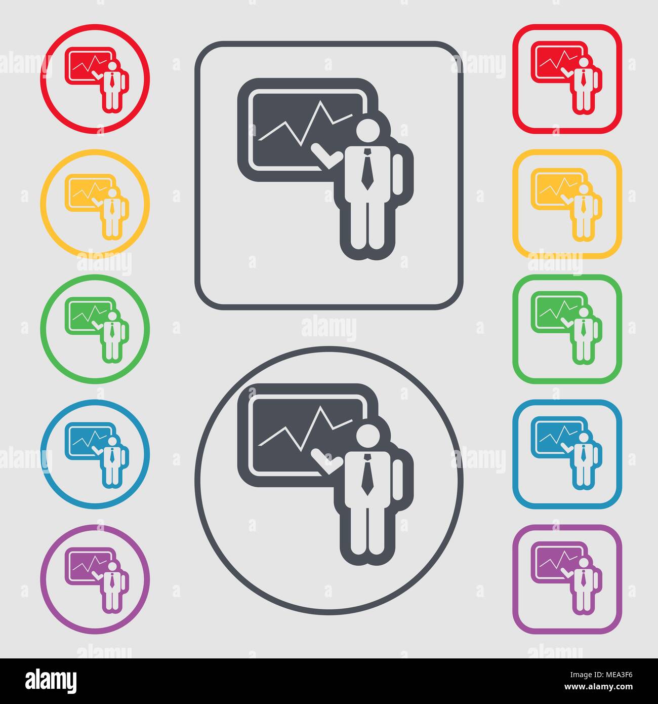 businessman making report icon sign. symbol on the Round and square ...