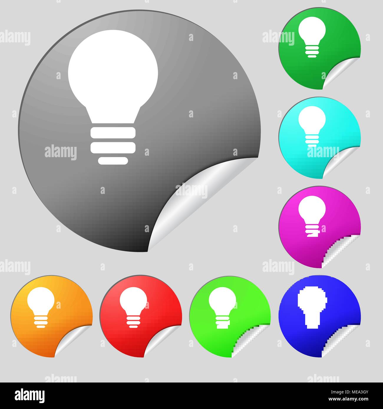 Light lamp, Idea icon sign. Set of eight multi-colored round buttons ...