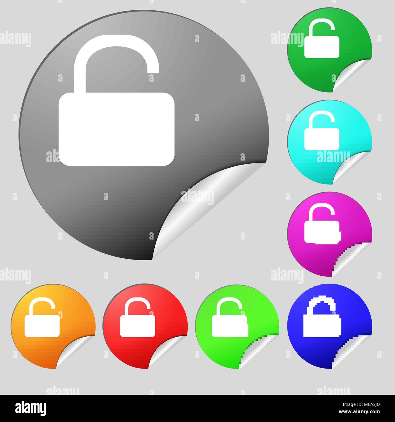 Open Padlock icon sign. Set of eight multi-colored round buttons ...