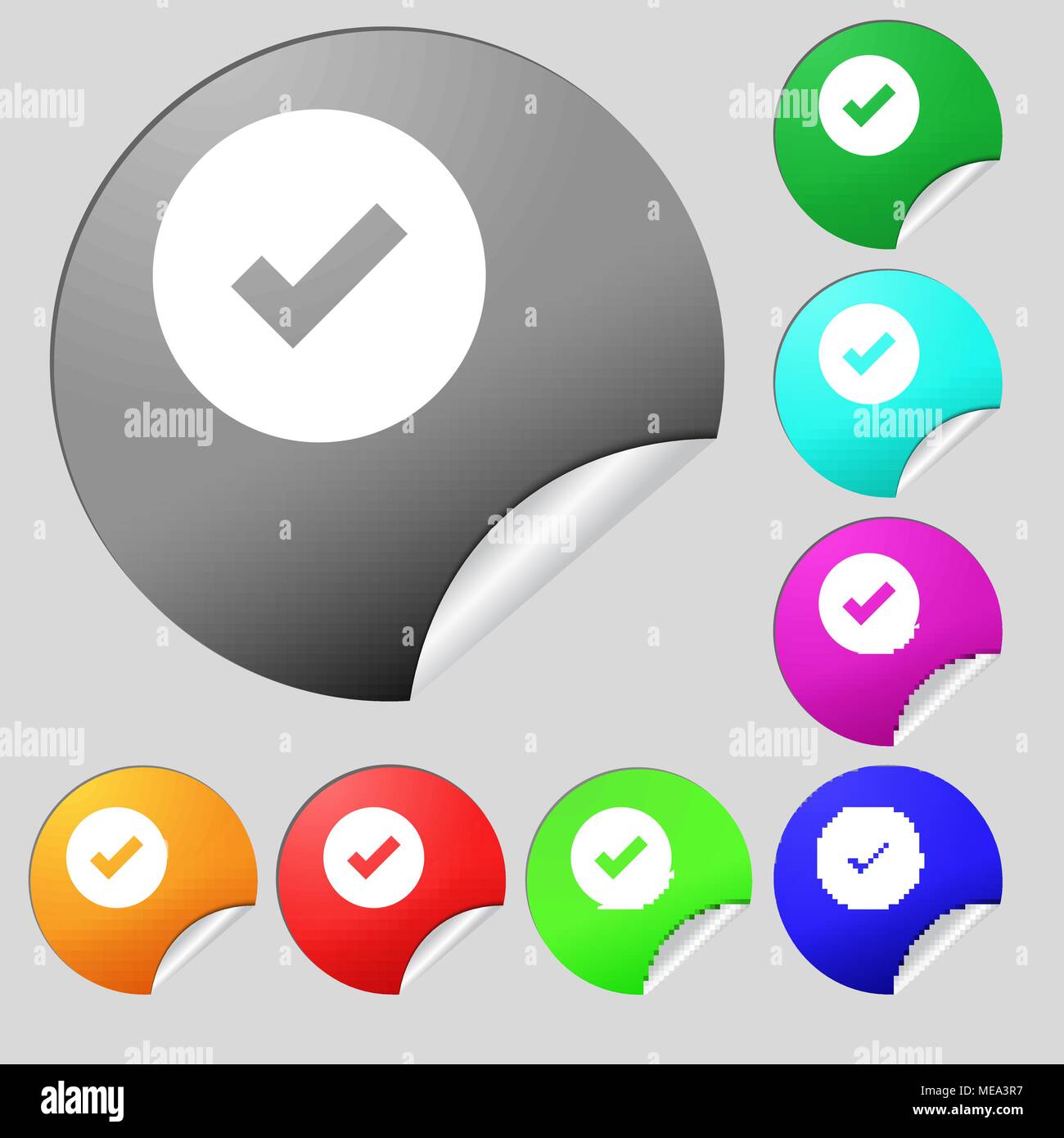 Check mark, tik icon sign. Set of eight multi-colored round buttons ...