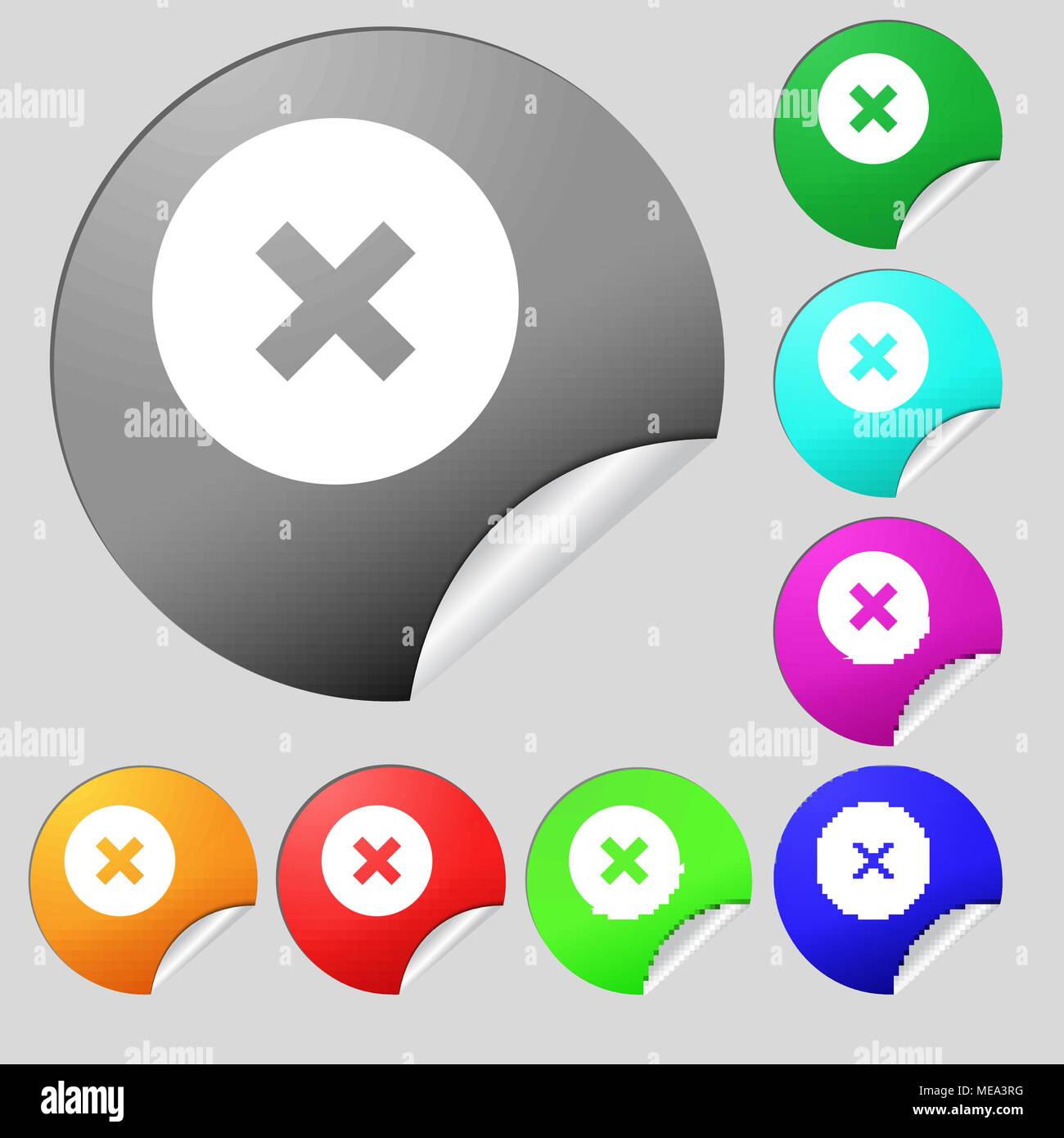 cancel icon sign. Set of eight multi-colored round buttons, stickers ...