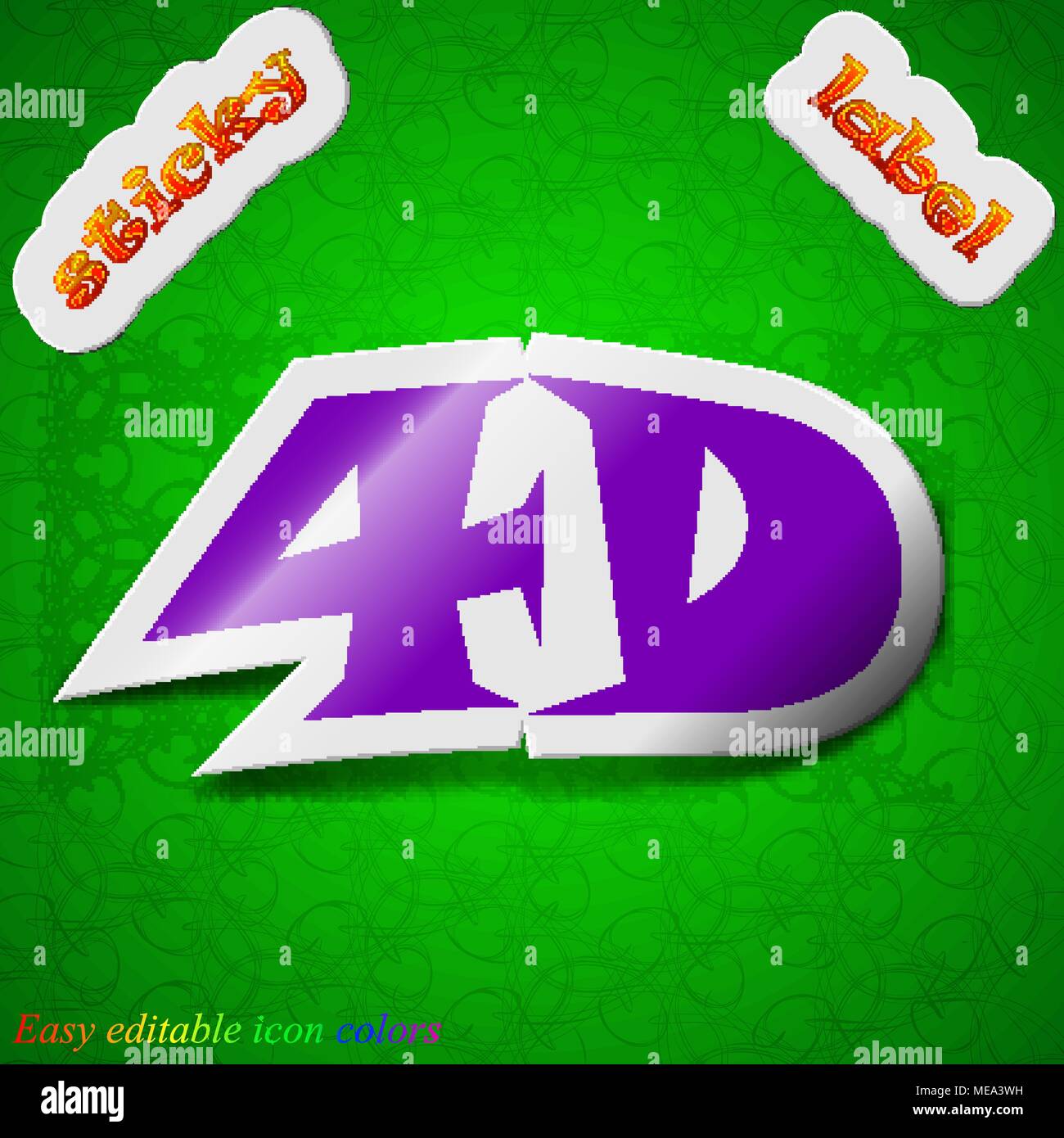 4D icon sign. Symbol chic colored sticky label on green background ...