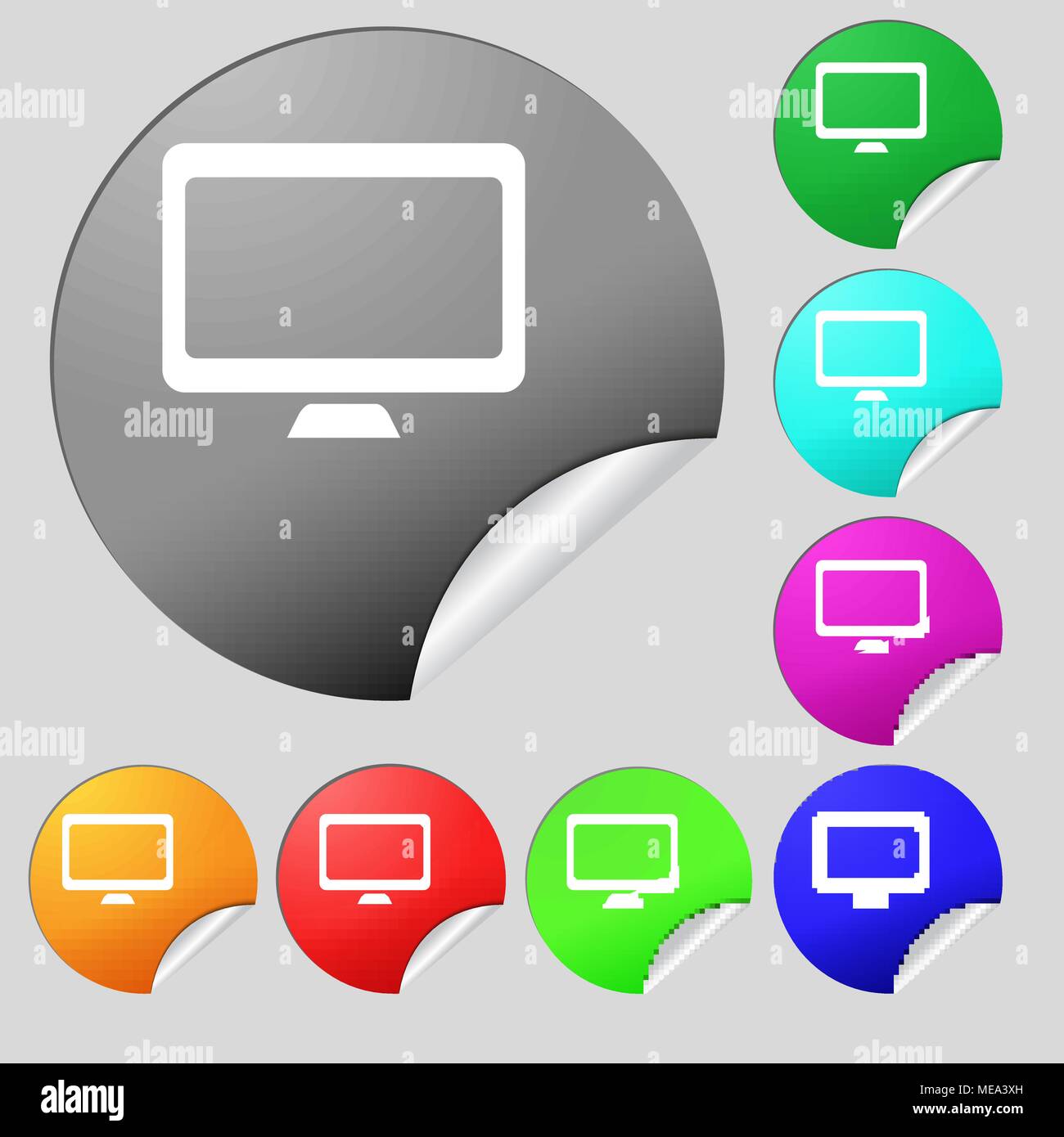 Computer widescreen monitor icon sign. Set of eight multi-colored round ...