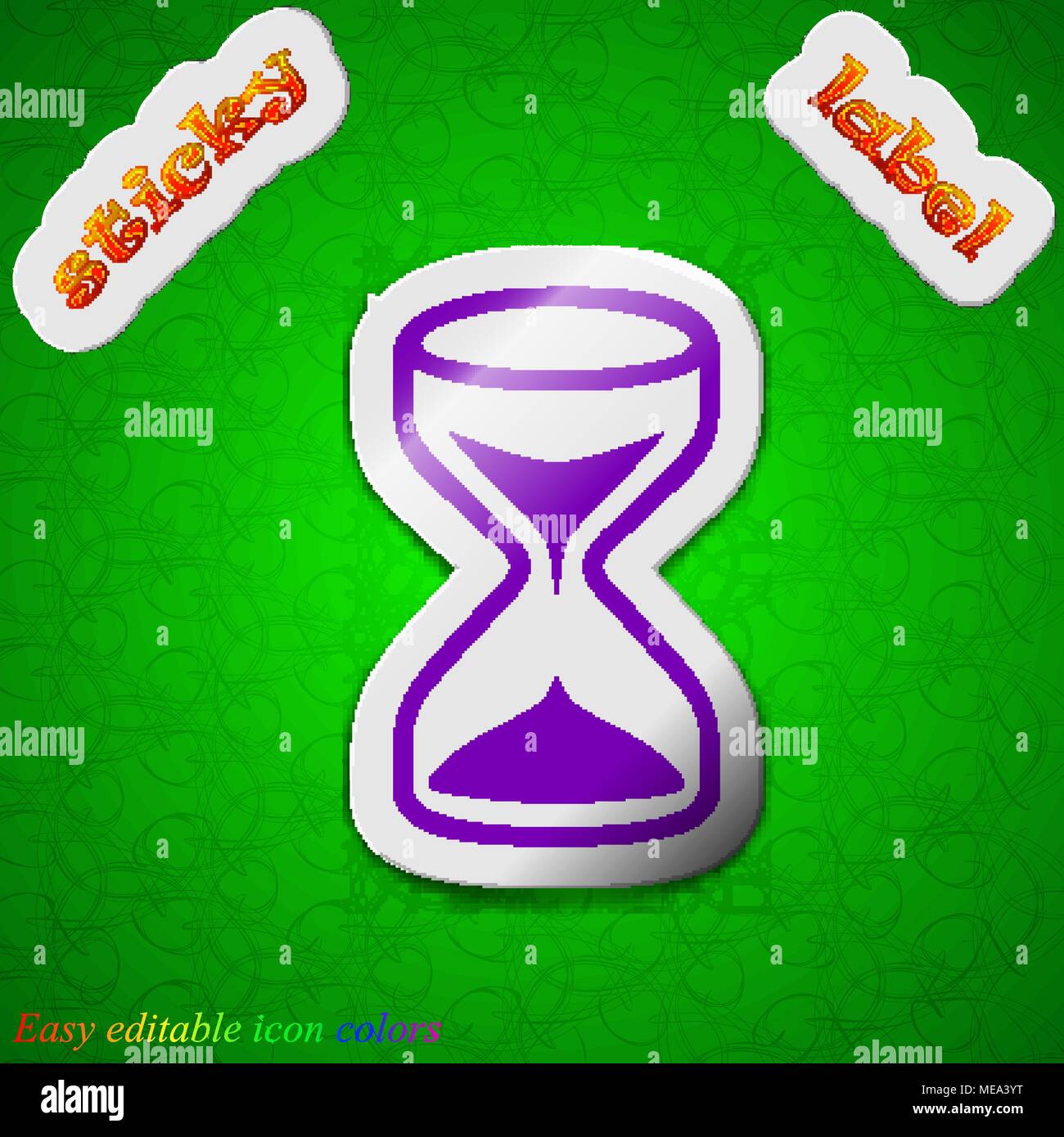 hourglass icon sign. Symbol chic colored sticky label on green ...